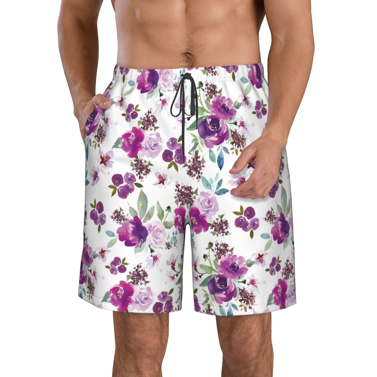 Kdxio Violets Flowers Pattern Mens Casual Shorts - Drawstring Summer ...