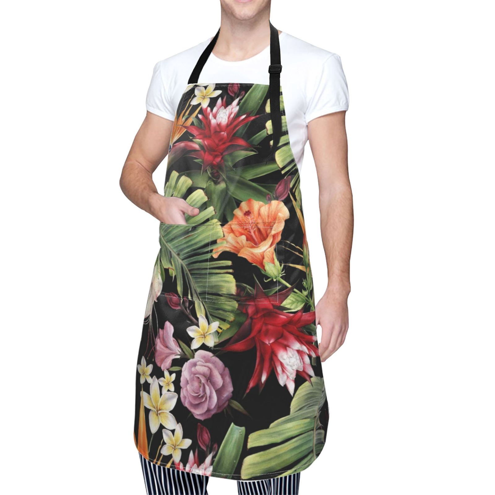 Kdxio Watercolor Tropical Flowers Apron with Pockets Adjustable Kitchen ...