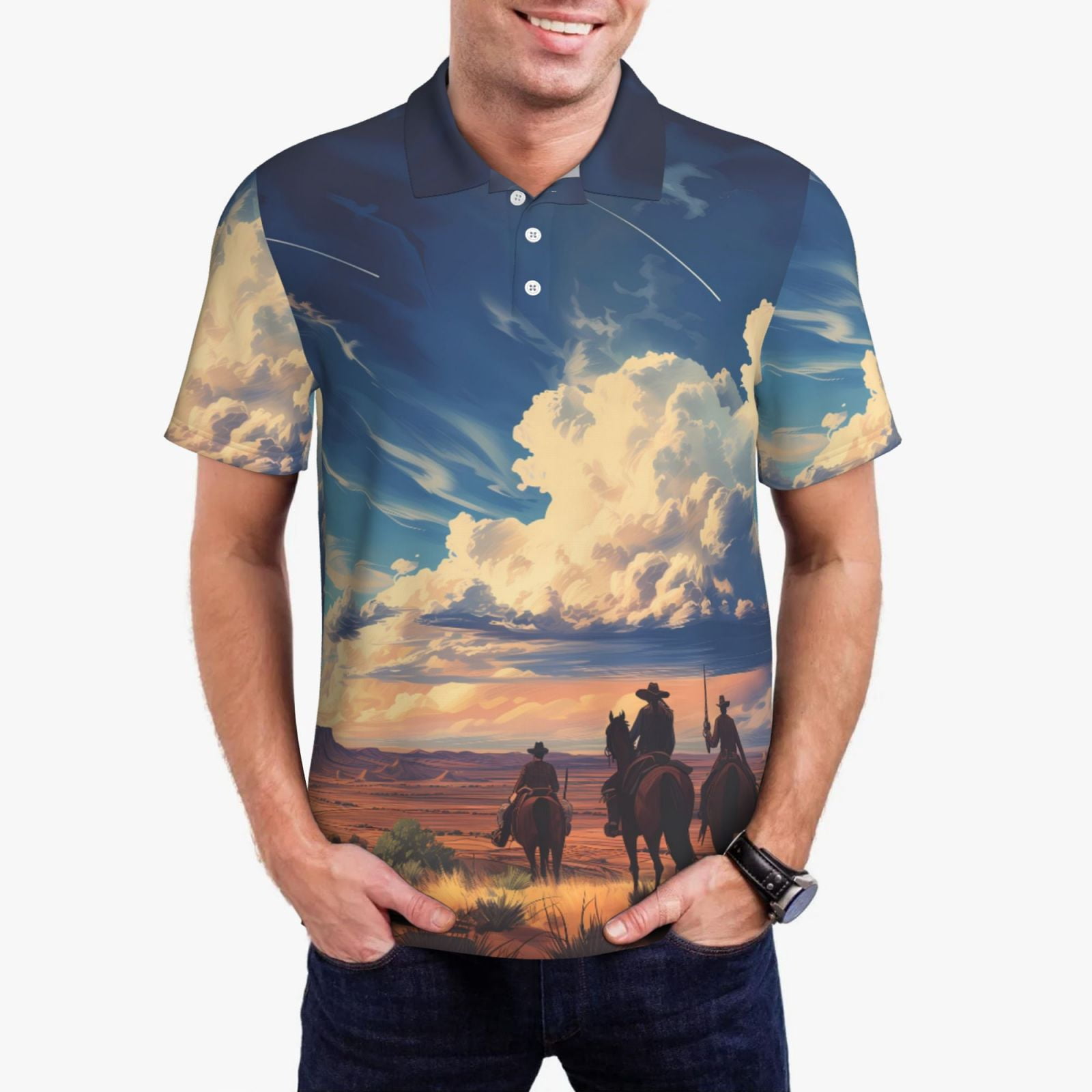 Kdxio Western Desert Cloud Cowboy Print Men's Short Sleeve Polo Shirt ...