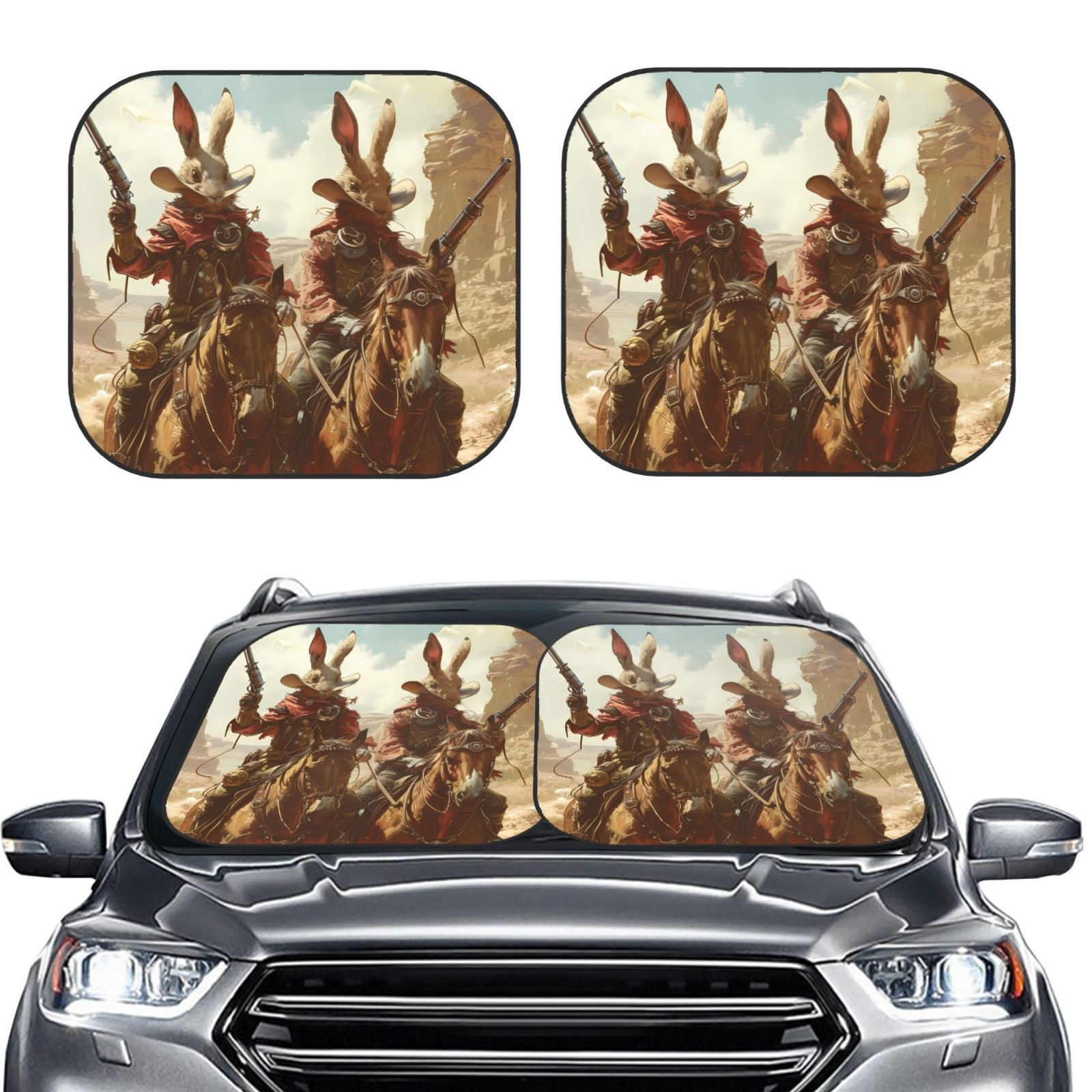 Kdxio Western Rabbit Cowboy Print 2-Piece Sun Shade Front Windshield ...
