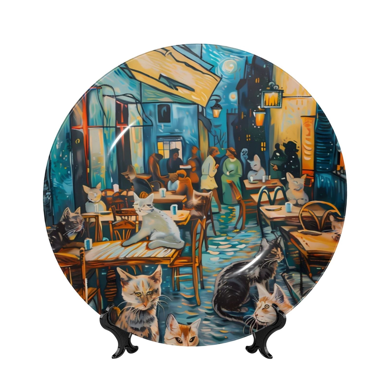Kdxio Whimsical Cats Night Cafe Bone China Decorative Plate Ceramic ...