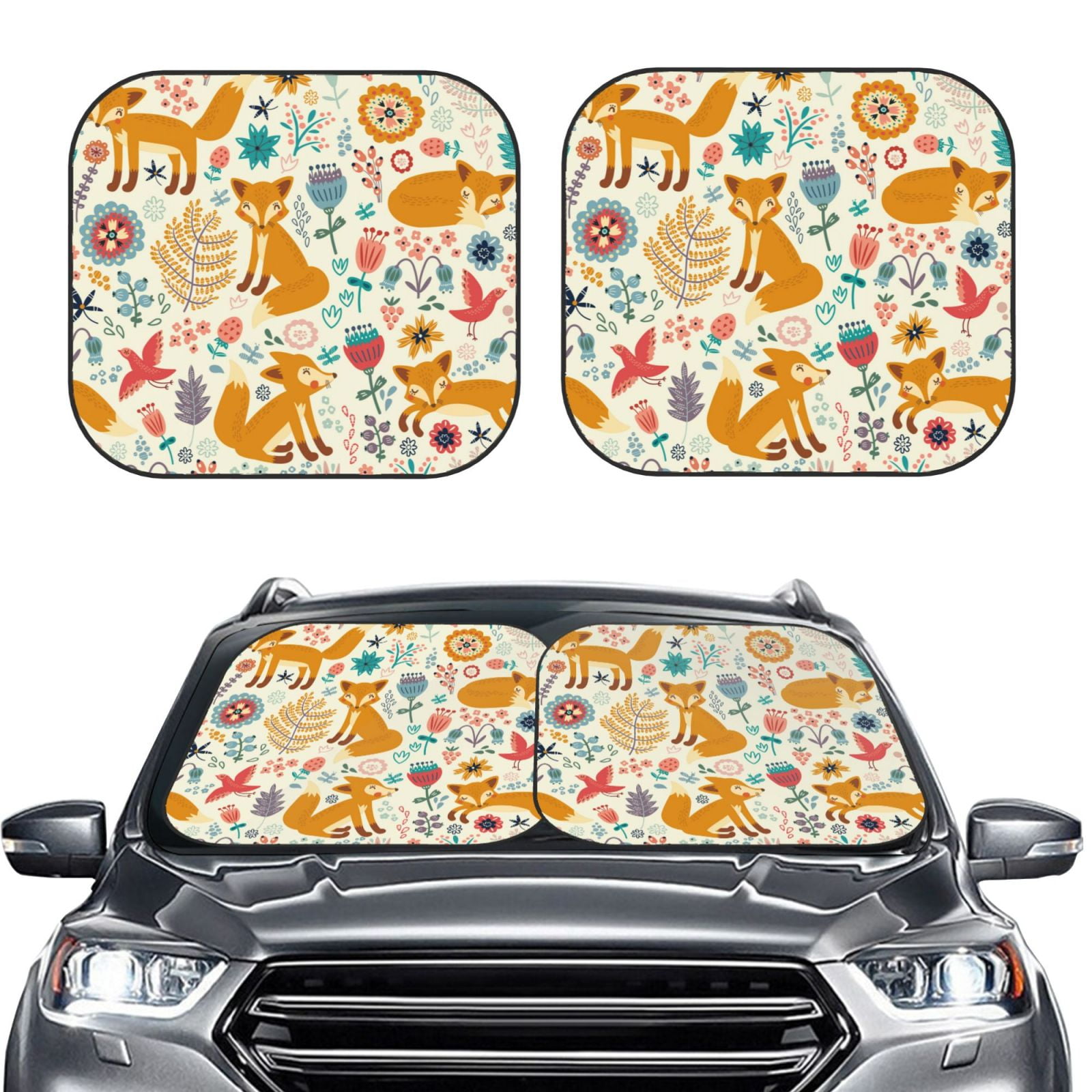 Kdxio Whimsical Fox Floral Garden Print 2-Piece Sun Shade Front ...