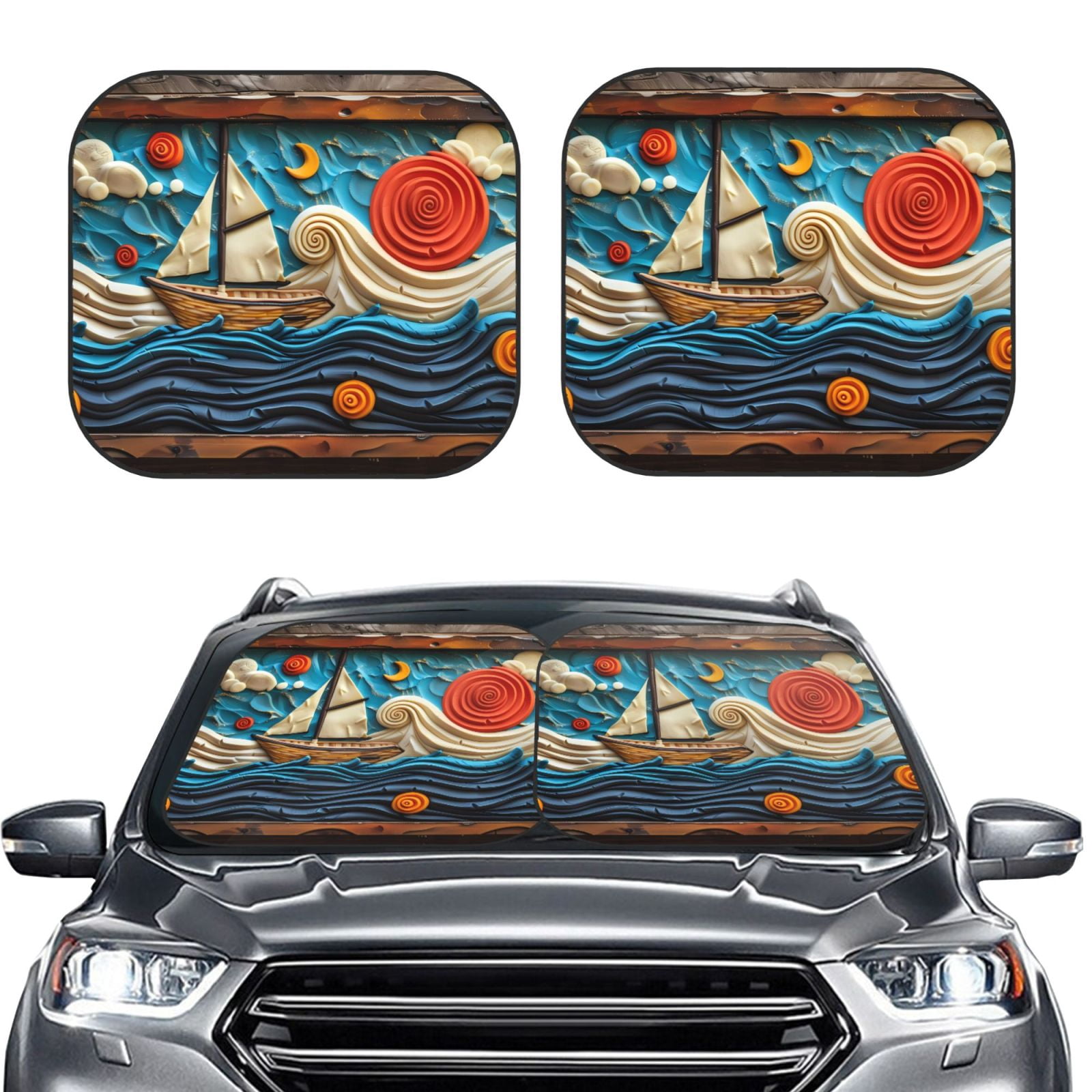 Kdxio Whimsical Sailboat Ocean Art Print 2-Piece Sun Shade Front ...