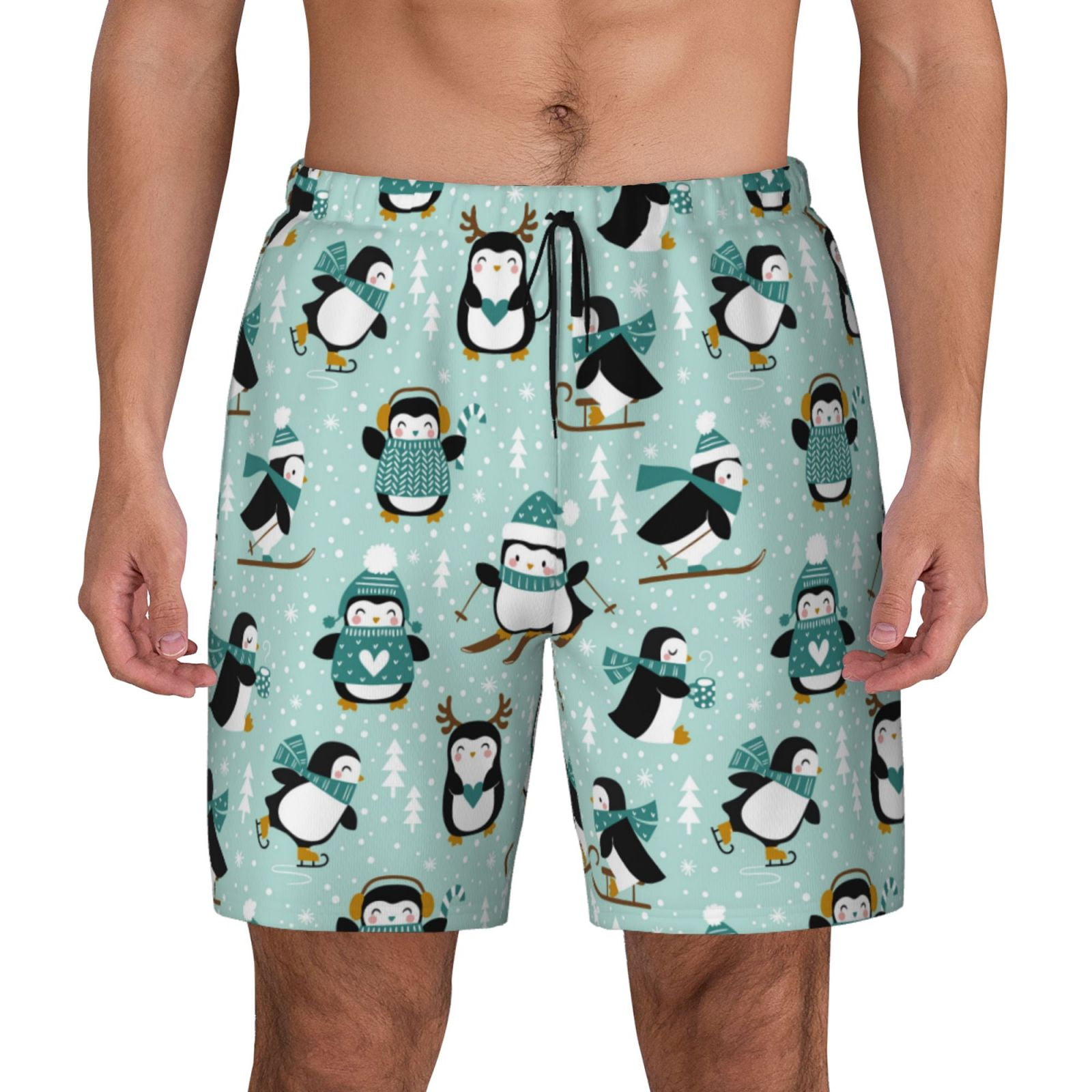 Kdxio Winter Skiing Penguin Print Men's Swim Trunks with Compression ...