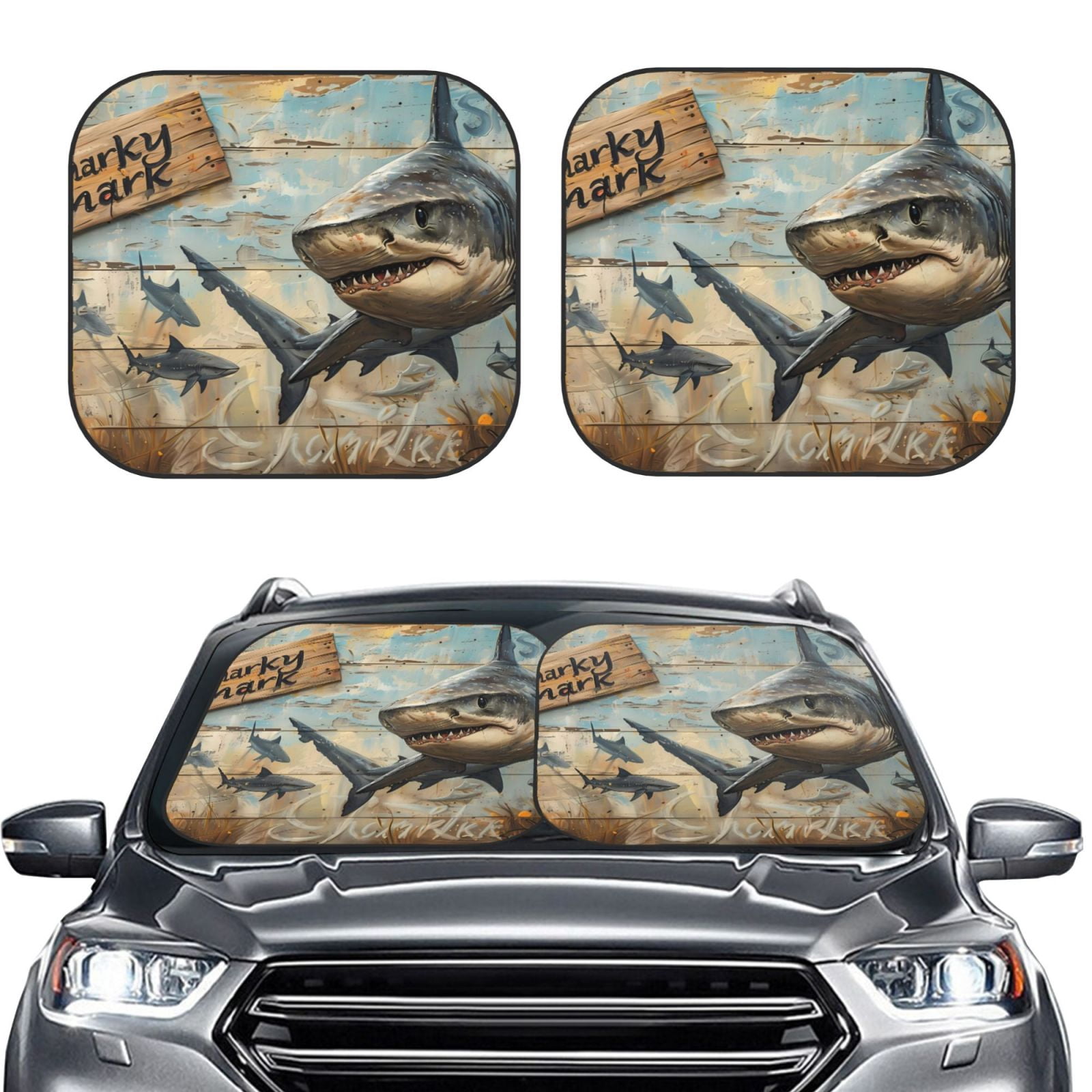 Kdxio Wood Grain Shark Print 2-Piece Sun Shade Front Windshield ...