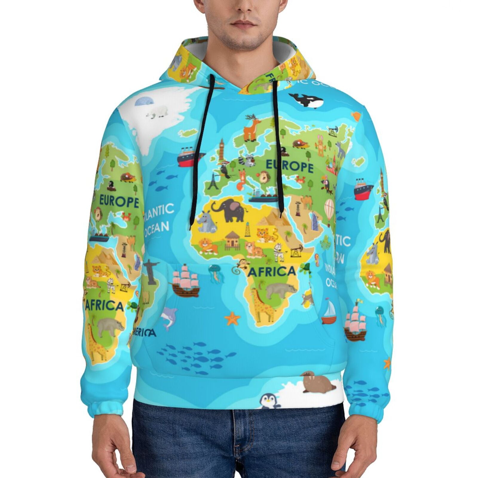 Kdxio World Map With Animals Landmarks Print Mens Casual Hooded Collar ...