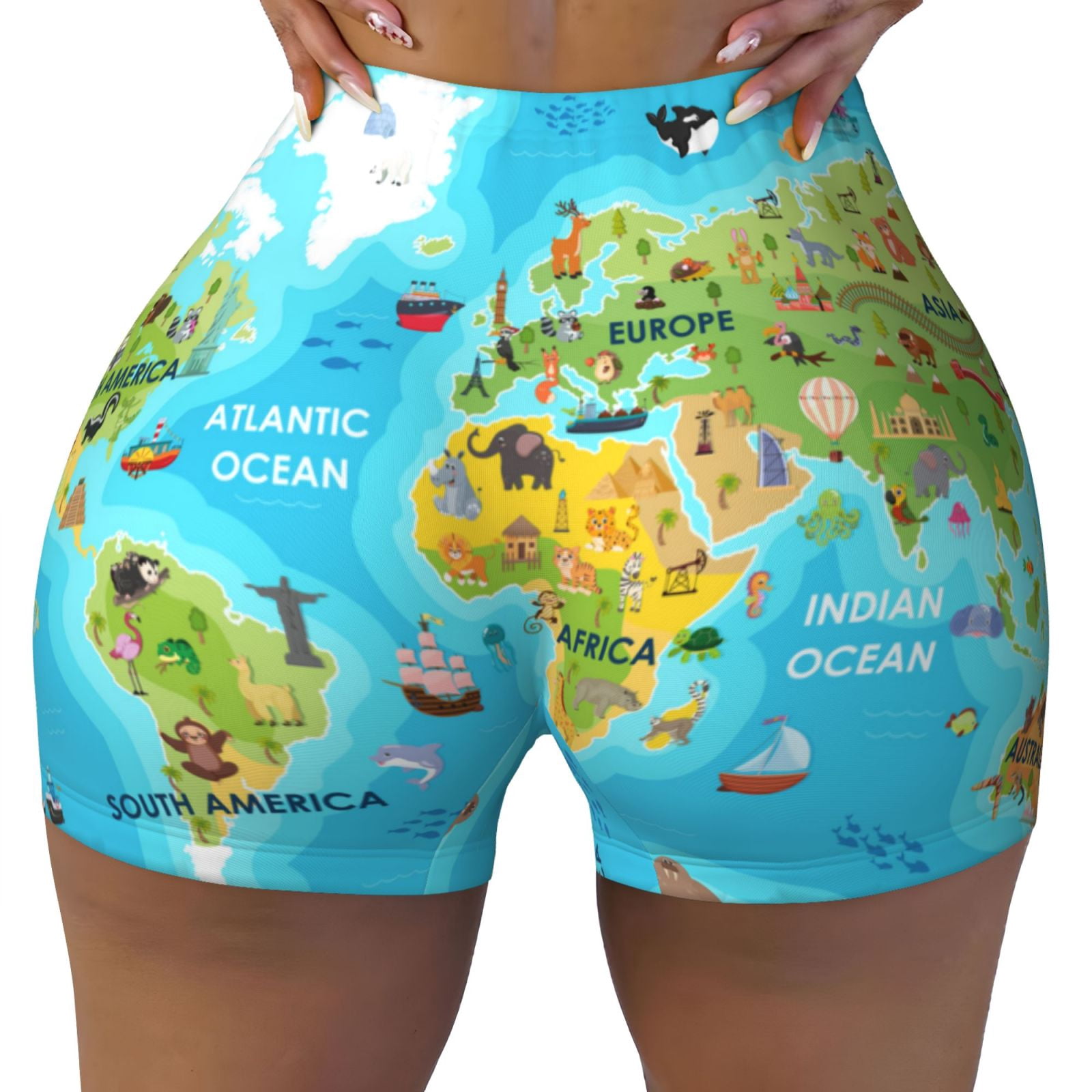 Kdxio World Map With Animals Landmarks Print Workout Shorts for Women Seamless Soft Smooth Gym ...