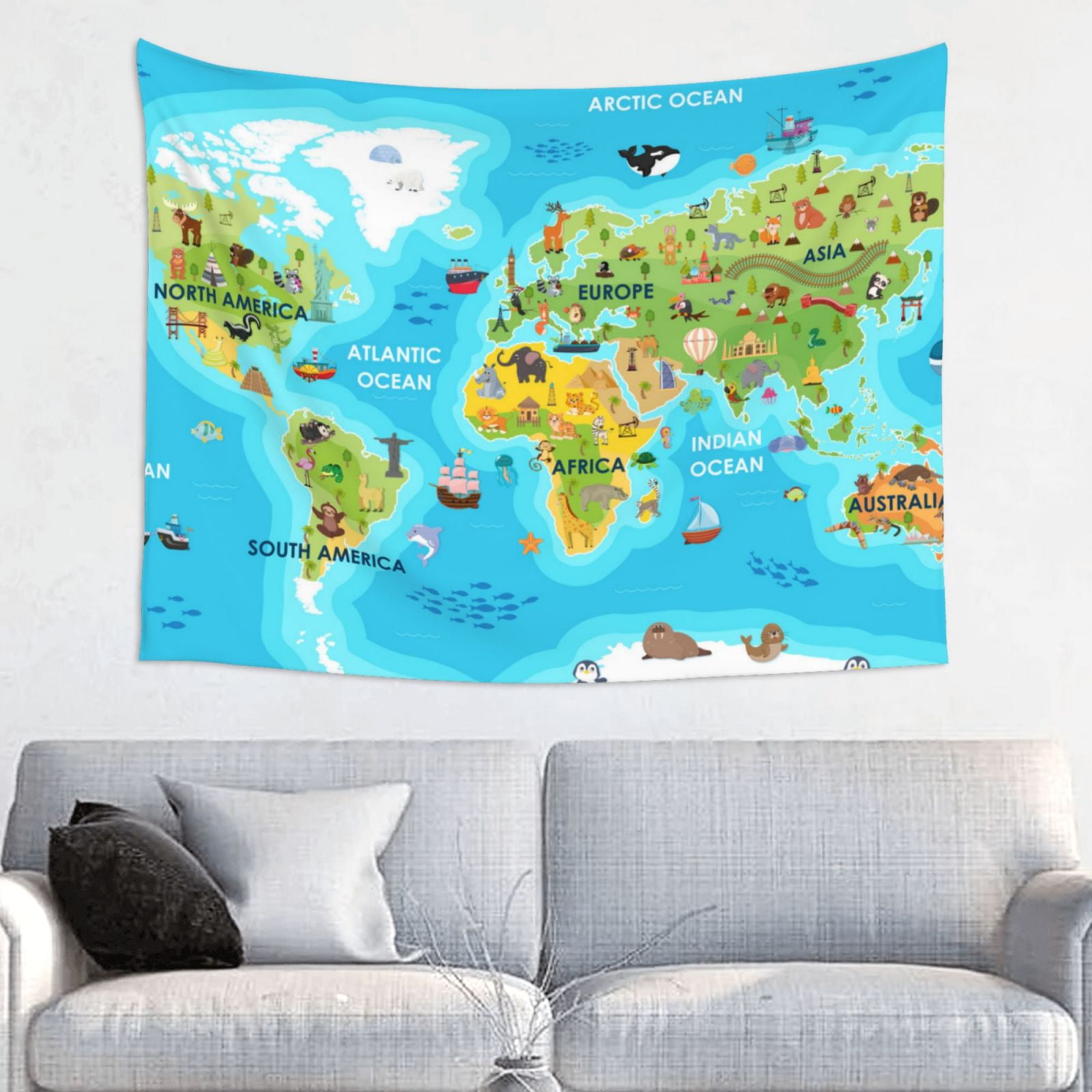 Kdxio World Map With Animals Landmarks Wall Hanging Tapestries Banner ...
