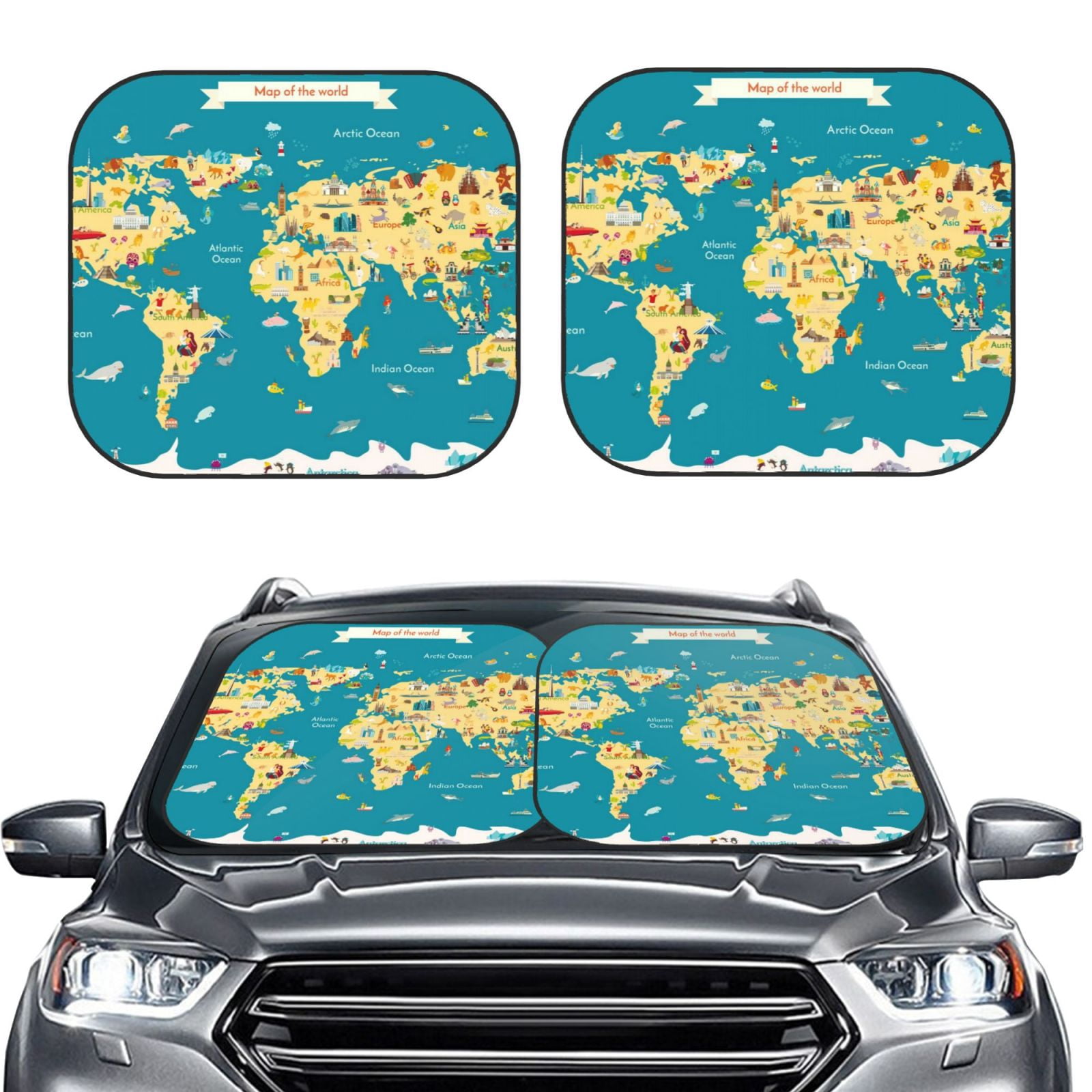 Kdxio World Map With Landmarks Print 2-Piece Sun Shade Front Windshield ...