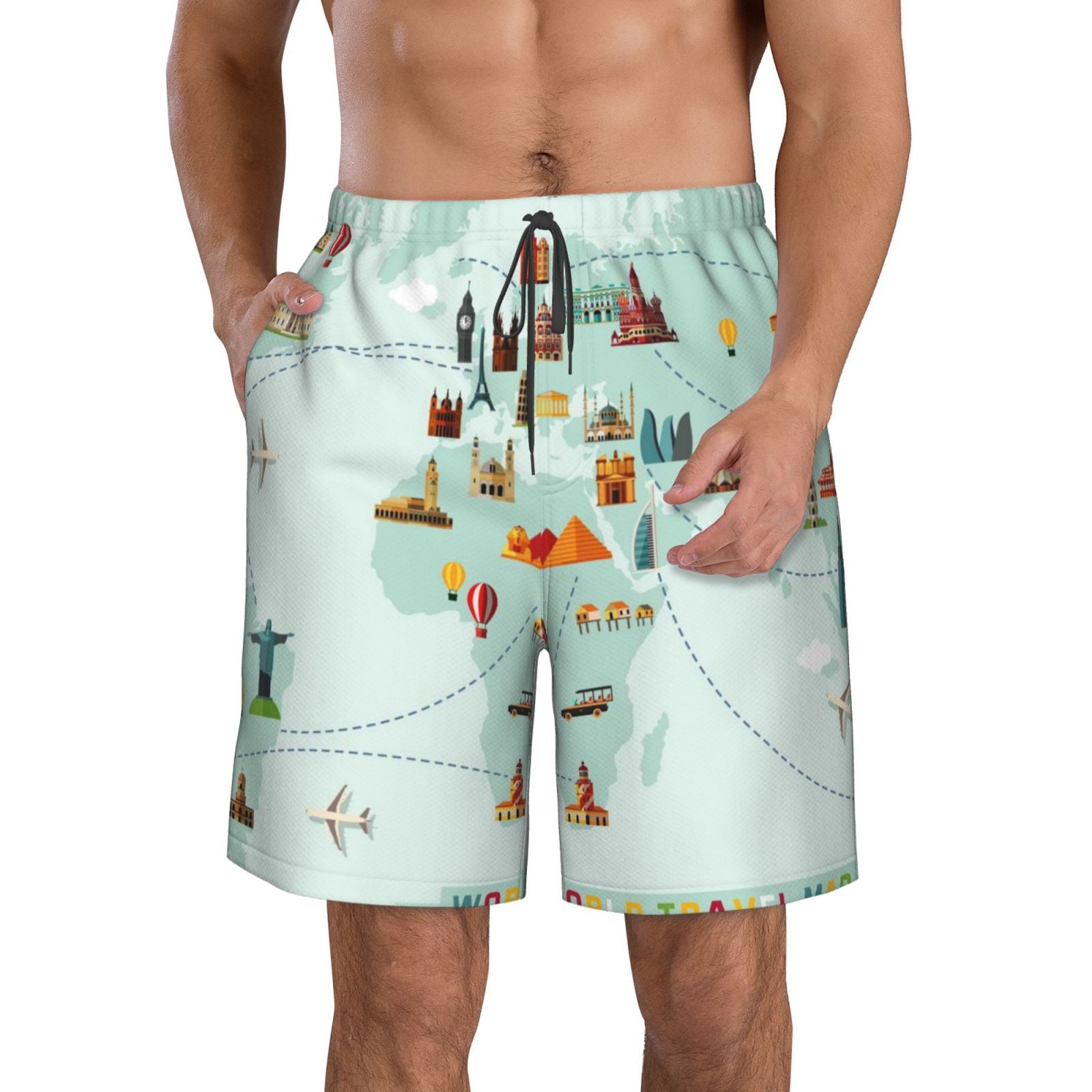 Kdxio World Travel Map Pattern Mens Casual Shorts - Drawstring Summer ...