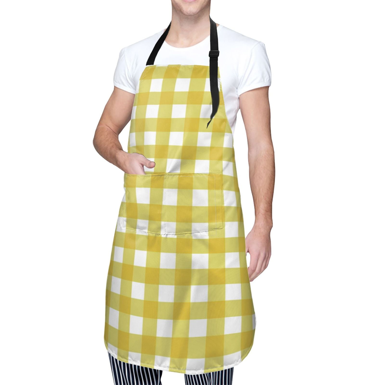 Kdxio Yellow Checkboard Apron with Pockets Adjustable Kitchen Aprons ...