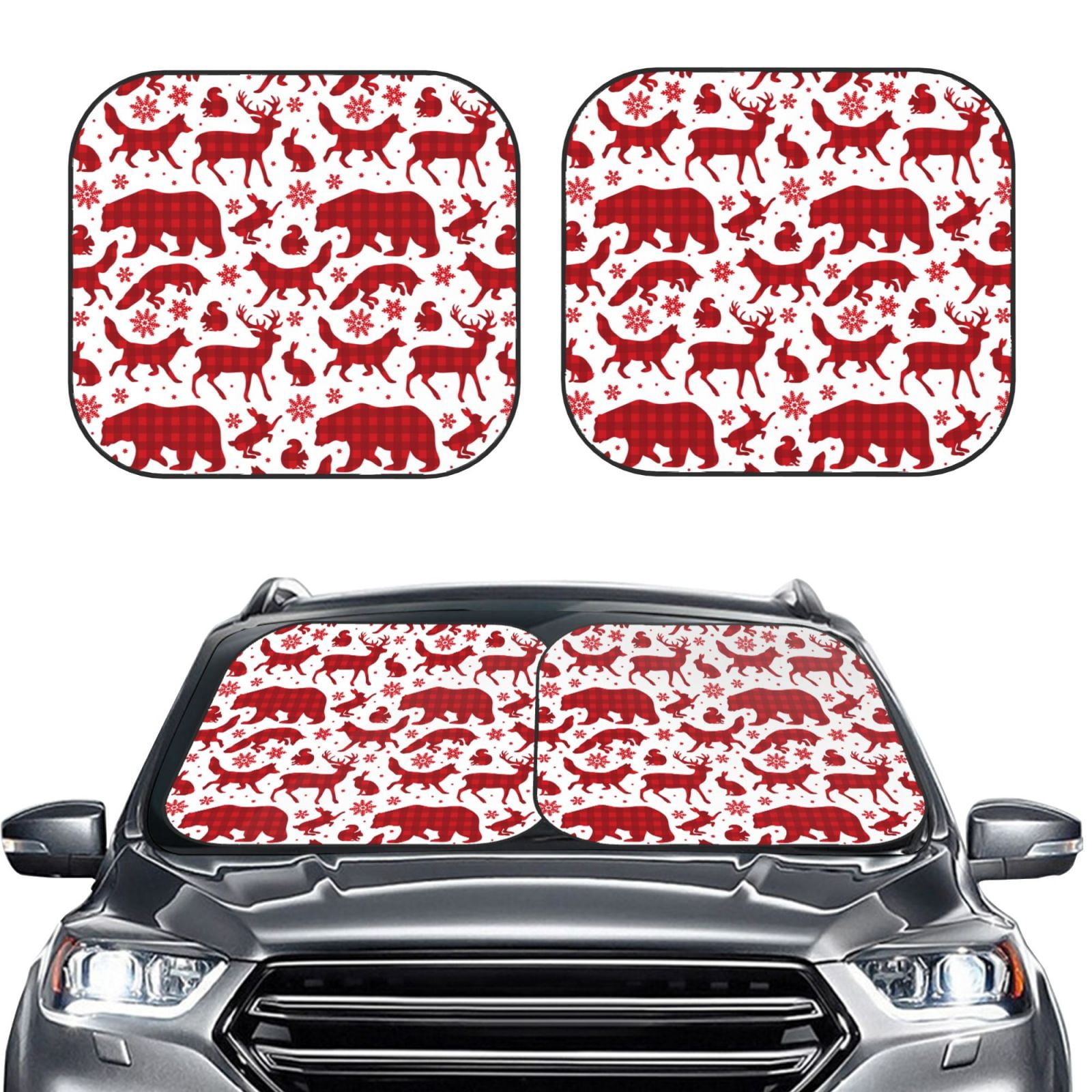 Kdxio red plaid Moose Bunny bear Print 2-Piece Sun Shade Front Windshield - Foldable Car Front ...