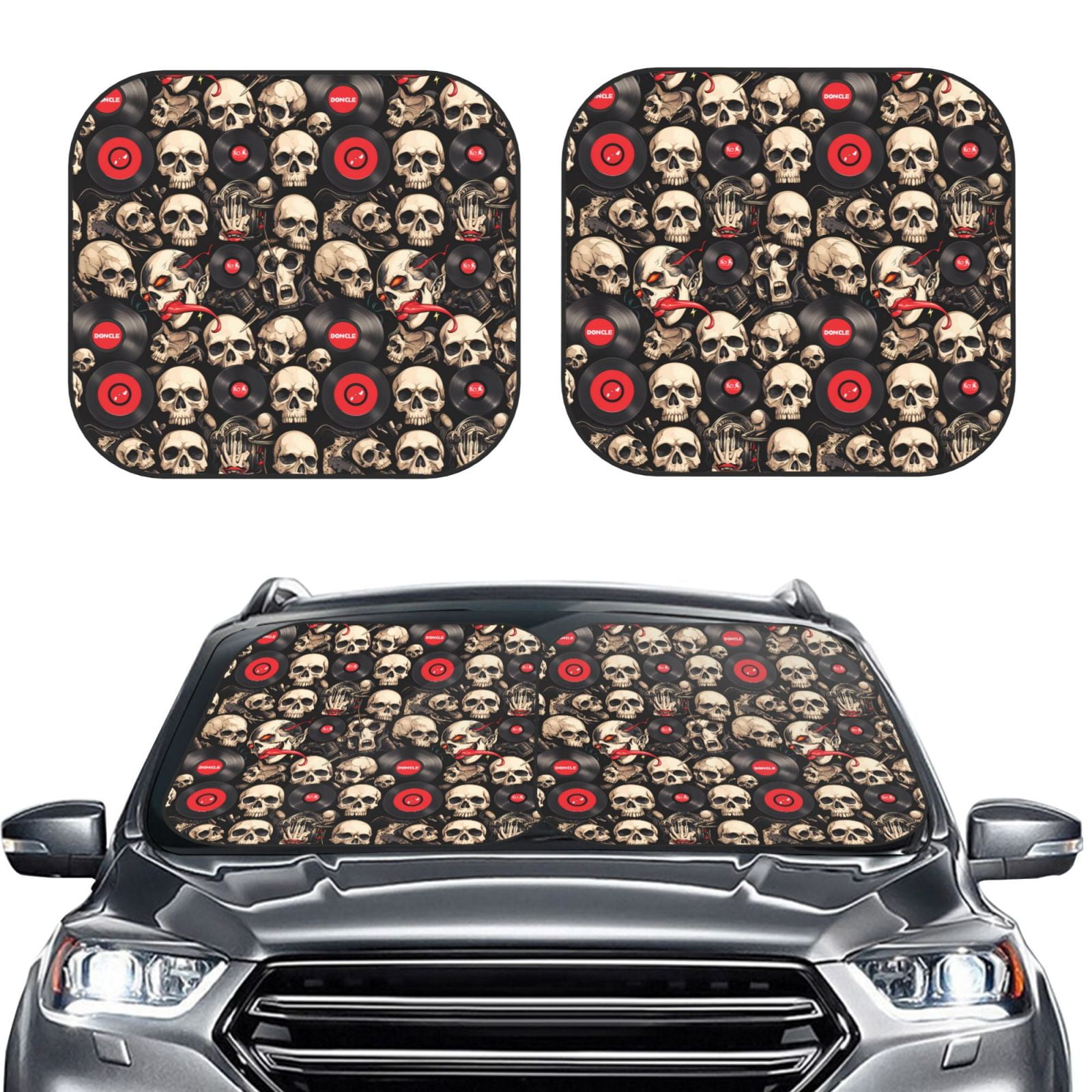 Kdxio rock record Skull Print 2-Piece Sun Shade Front Windshield ...