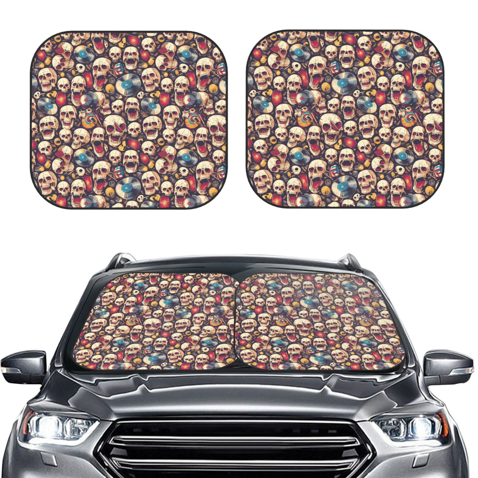 Kdxio rock record music Skull Print 2-Piece Sun Shade Front Windshield ...