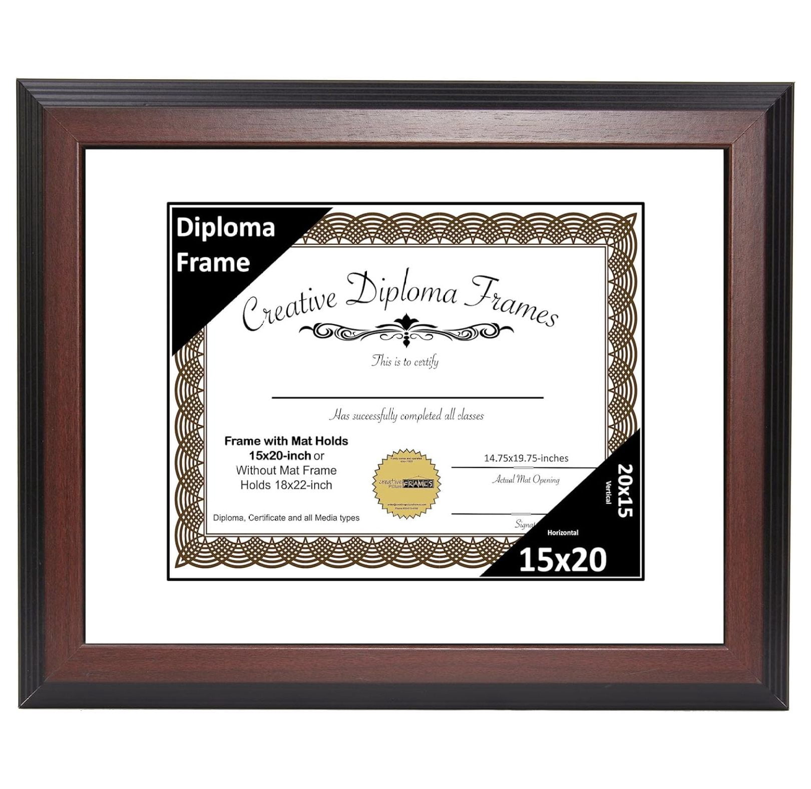 KeLiang 15x20 Mahogany Finish Diploma Frame with White Matting Holds 15 ...