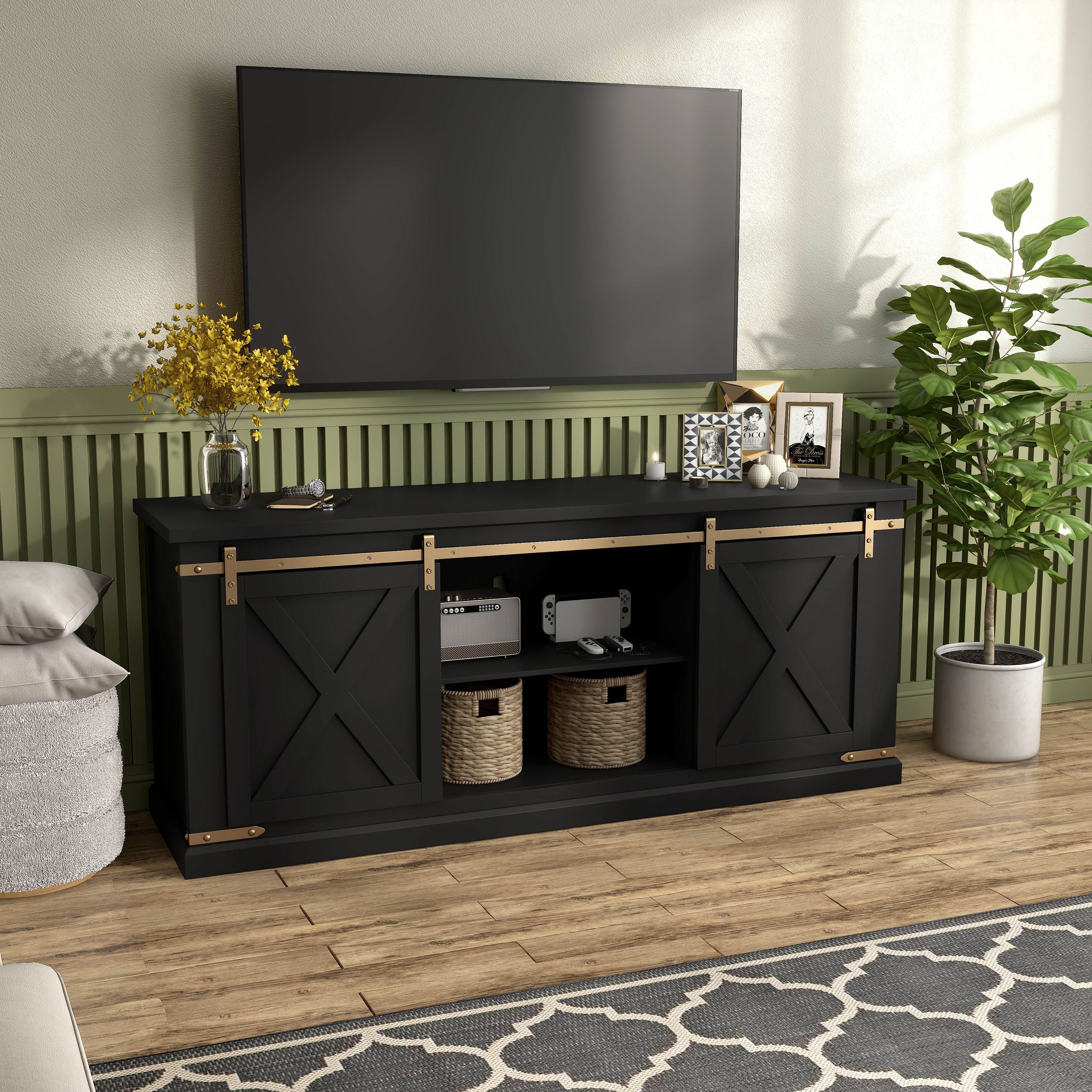 Keane Sliding Doors Solid Wood 72" TV Stand, Black and Gold - Walmart.com