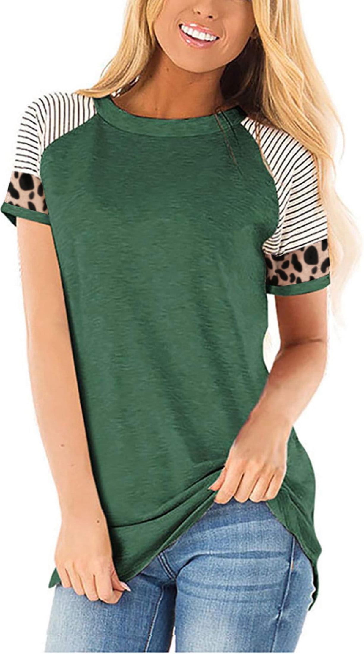 Keasmto Womens T Shirts Leopard Print Tunic Tops Casual Tees Short ...