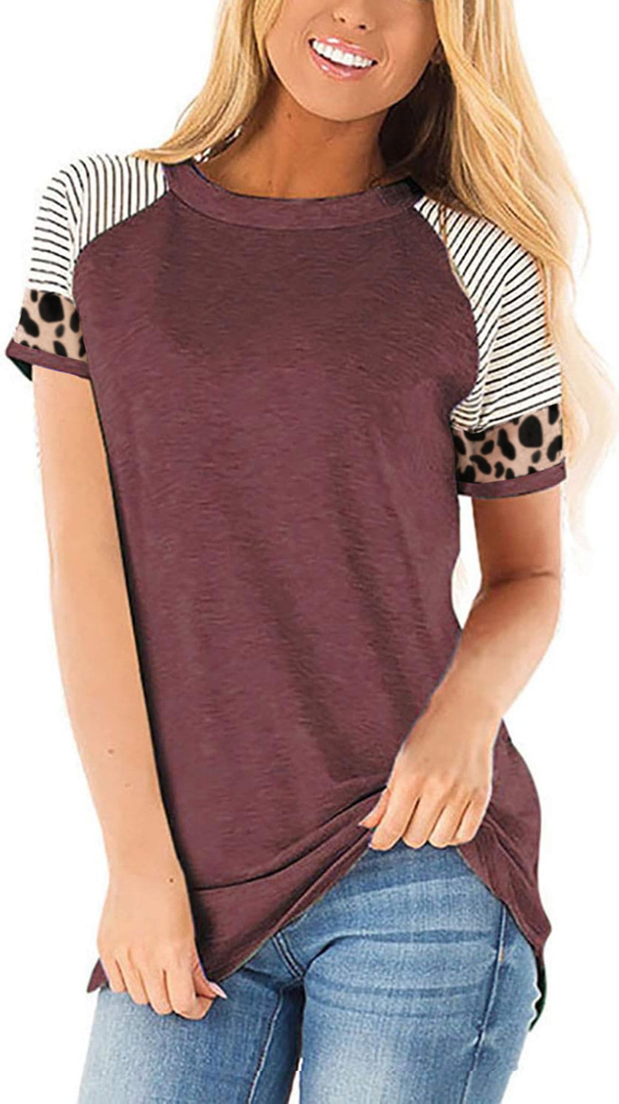 Keasmto Womens T Shirts Leopard Print Tunic Tops Casual Tees Short ...