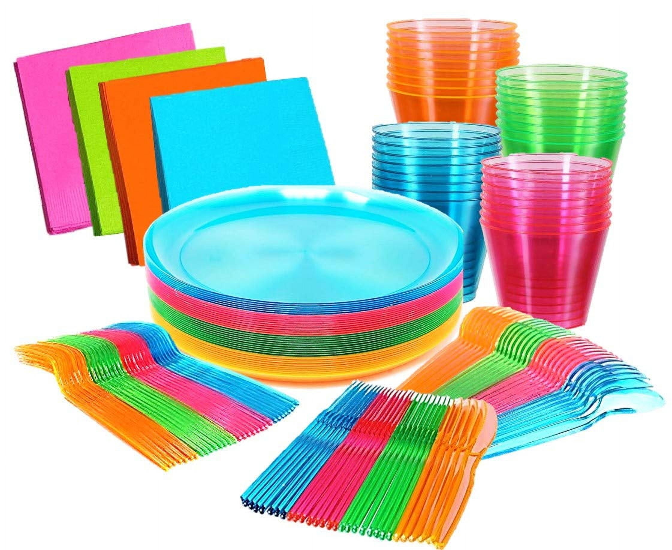 Kedudes Kids Neon Party Supplies - Serves 32, Plastic Tableware Set ...