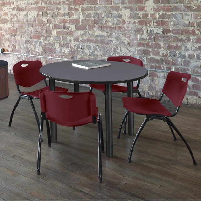 Kee 36" Round Breakroom Table- Grey/ Black & 4 'M' Stack Chairs ...