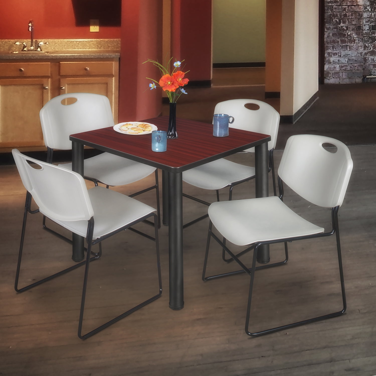 Regency Kee 36 in Square Breakroom Table- Mahogany Top, Black Legs, 4 Zeng Stack Chairs- Grey ...