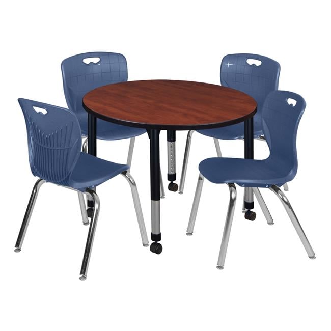 Kee 36 in. Cherry Round Height Adjustable Classroom Table & 18 in. Navy ...