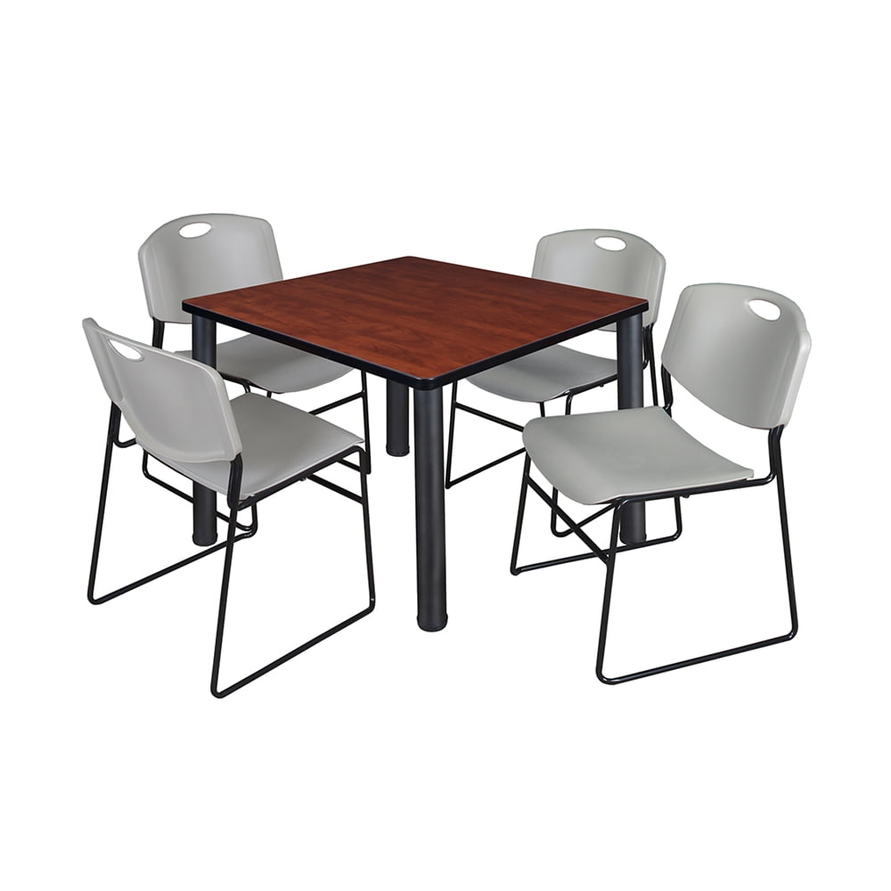 Regency Kee 42 in Square Breakroom Table- Cherry Top, Black Legs, 4 Zeng Stack Chairs- Grey ...