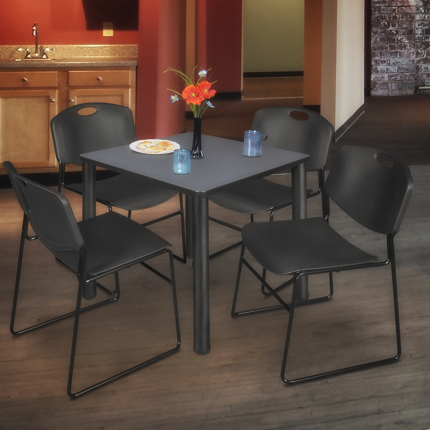 Regency Kee 36 in Square Breakroom Table- Grey Top, Black Legs, 4 Zeng ...