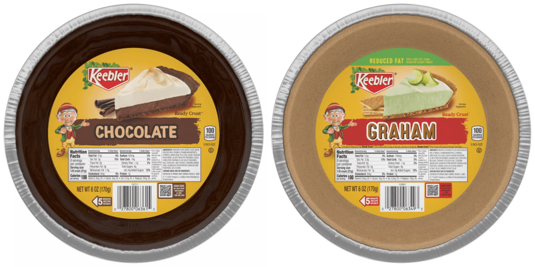 Keebler 9" Chocolate Pie Crust, 6 oz&Keebler Reduced Fat 9" Graham ...