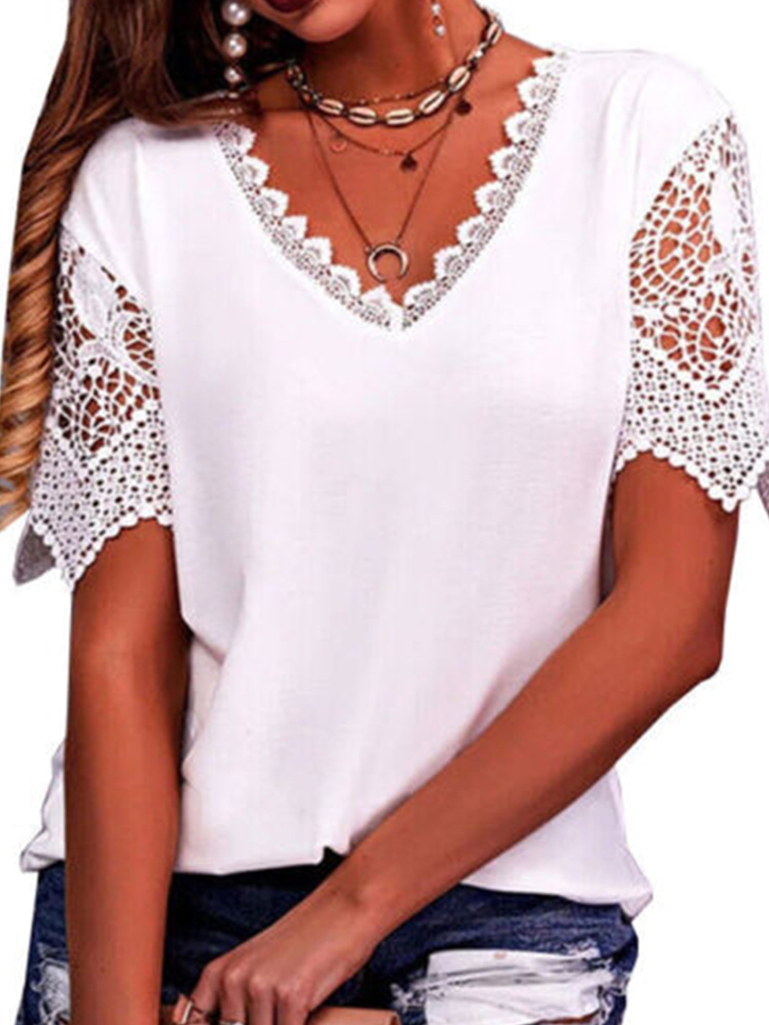 Keeccty Lace Floral Tops Summer Pullover Short Sleeve Elegant Women ...