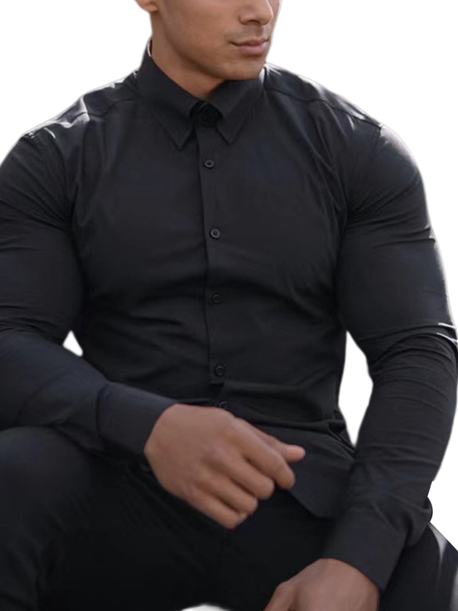 Keeccty Long Sleeve Slim Fit Muscular Long Sleeve Stand Collar Shirt ...
