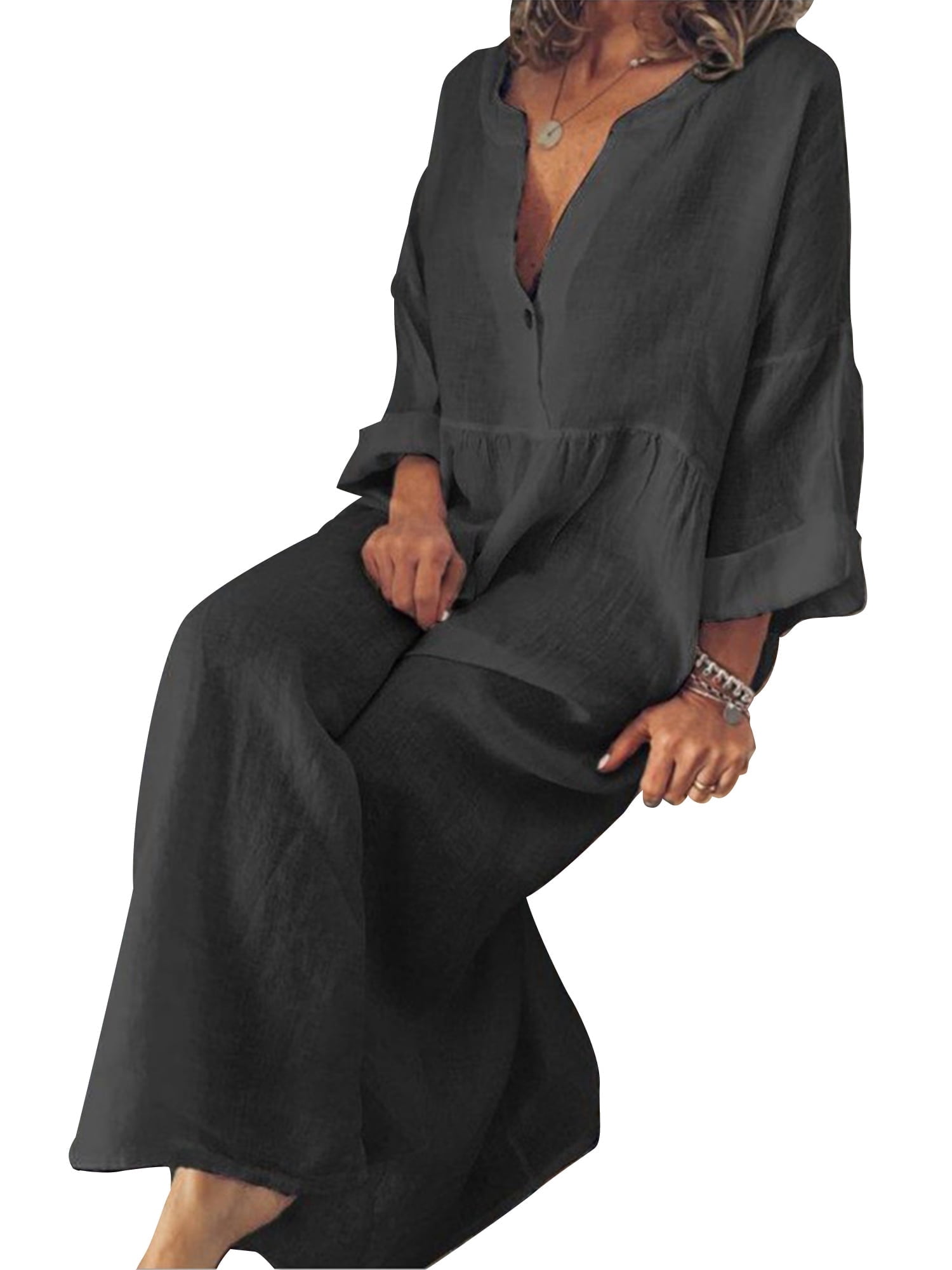 Keeccty Loose Sheer Linen Long Sleeve Midi Smocked Shirt Dress Women,S ...