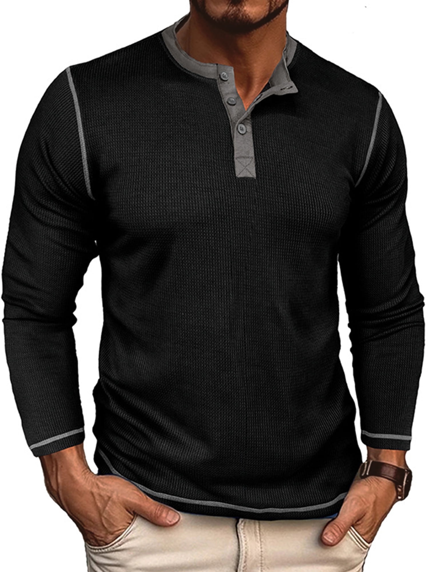 Keeccty Men's Color Block Versatile Long Sleeve Henley Retro Waffle ...