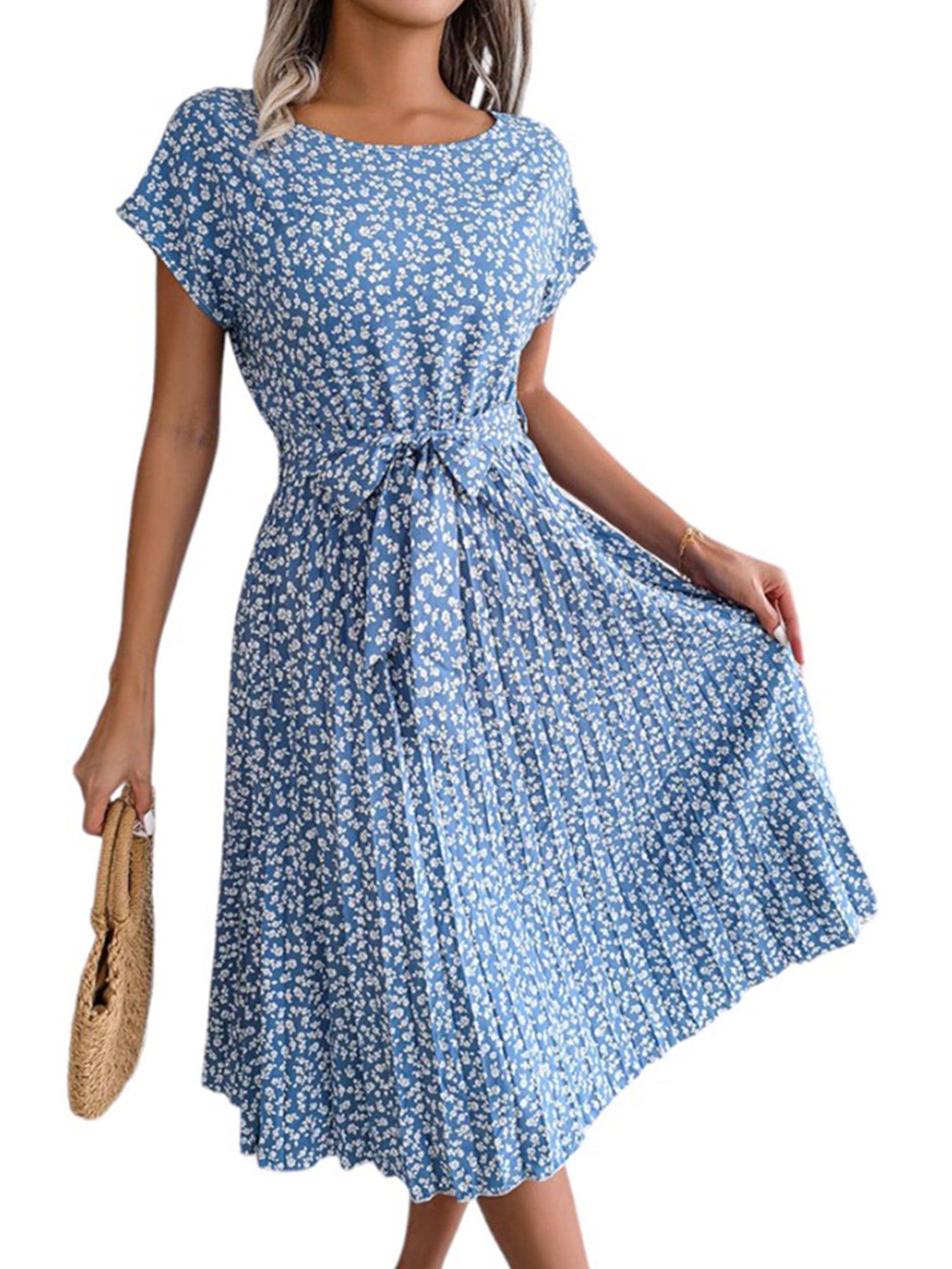 Keeccty Women Prairie Chic Sundress Boho Floral Belted Midi Pleated ...