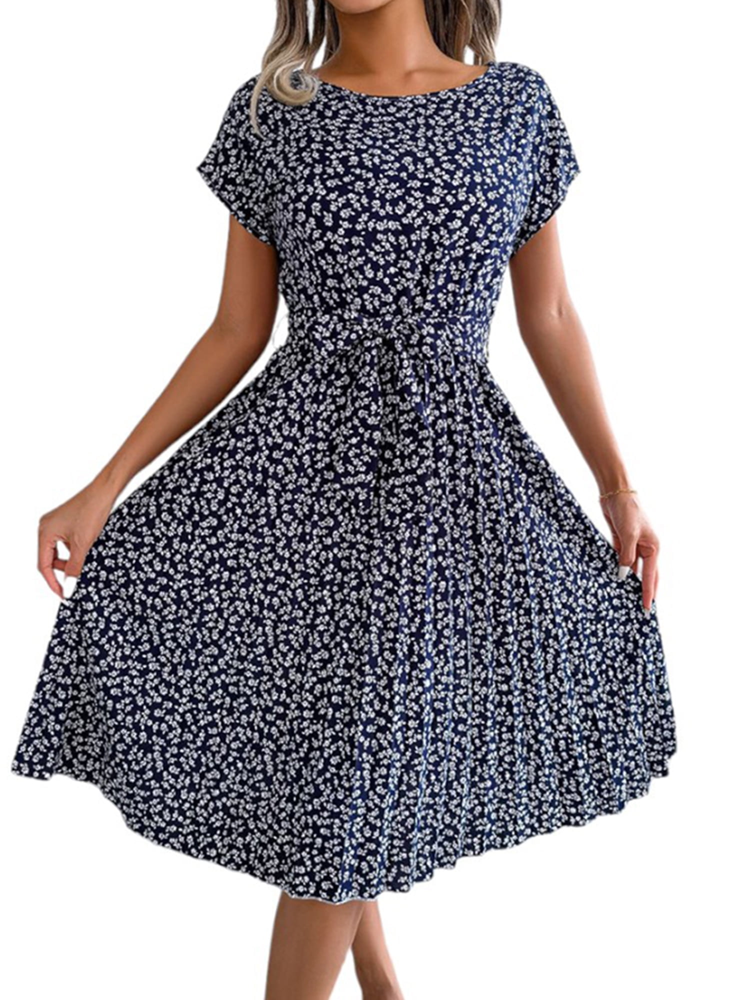 Keeccty Women Prairie Chic Sundress Boho Floral Belted Midi Pleated ...