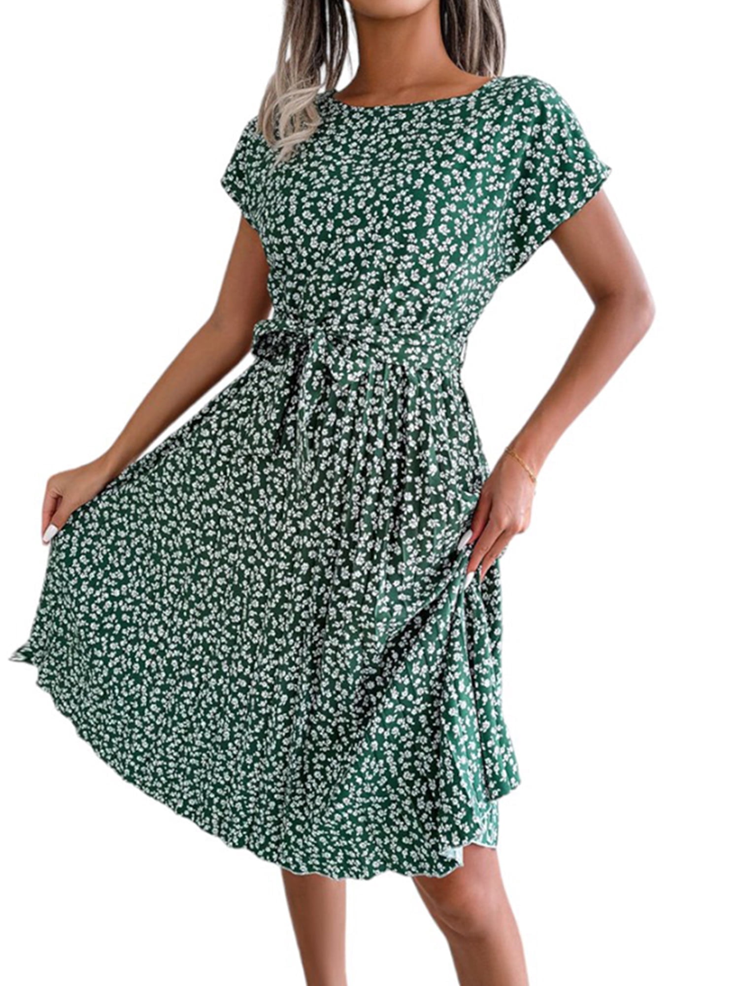 Keeccty Women Prairie Chic Sundress Boho Floral Belted Midi Pleated ...