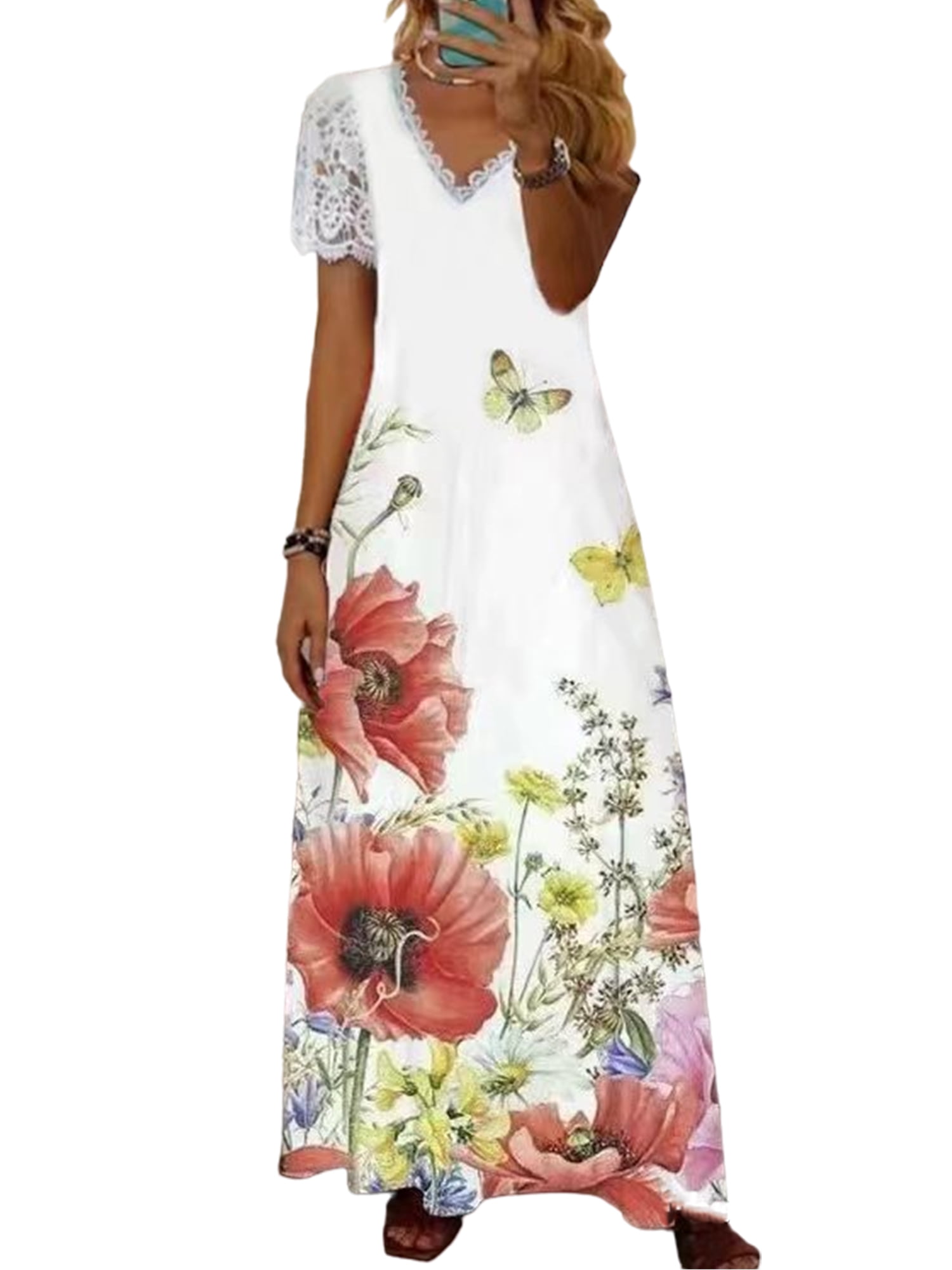 Keeccty Women Short Sleeve V-Neck Classic Floral Print Lace Splice Midi Dress - Walmart.com