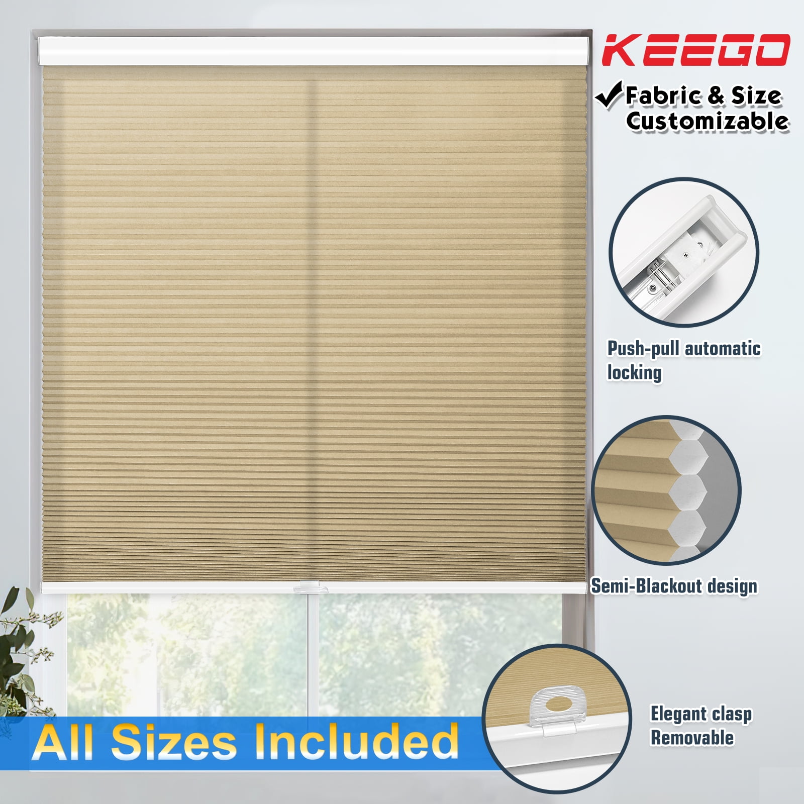 Keego Cordless Cellular Shades Window Blinds Modern Size and Color ...
