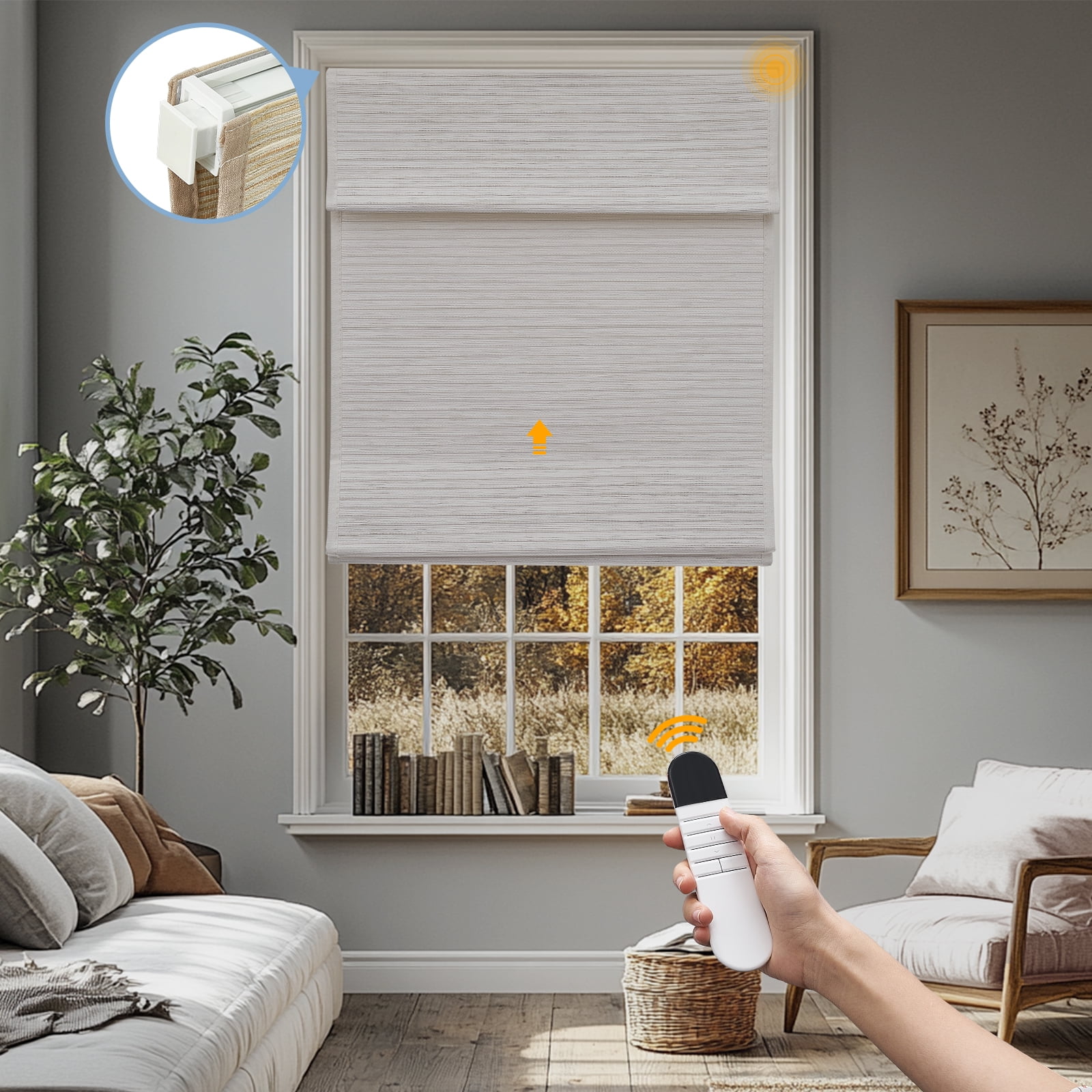 Keego No Drill Motorized Roman Shades Blackout Natural Fabric ...