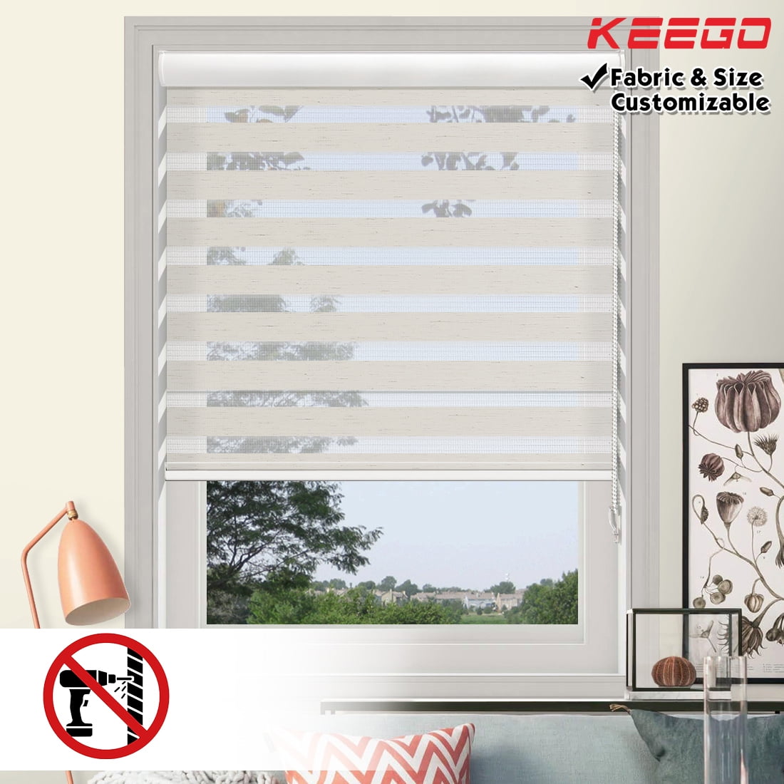 Keego No Drilling Zebra Window Shades Modern Design Roller Shade w/ Dual Layers Light Filtering ...