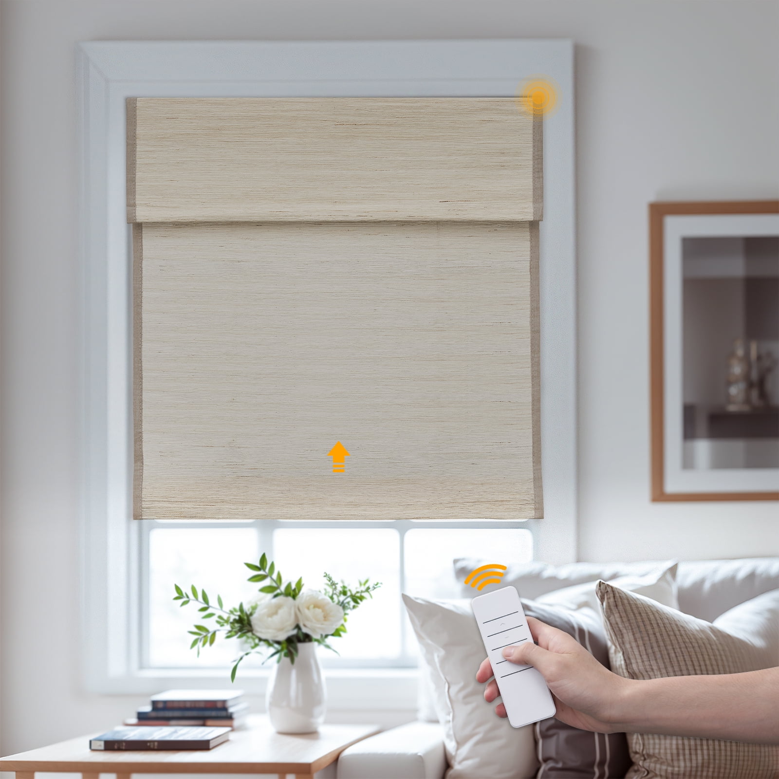 Keego Motorized Roman Shades Blackout Natural Fabric Rechargeable Electric Window Blinds Remote ...