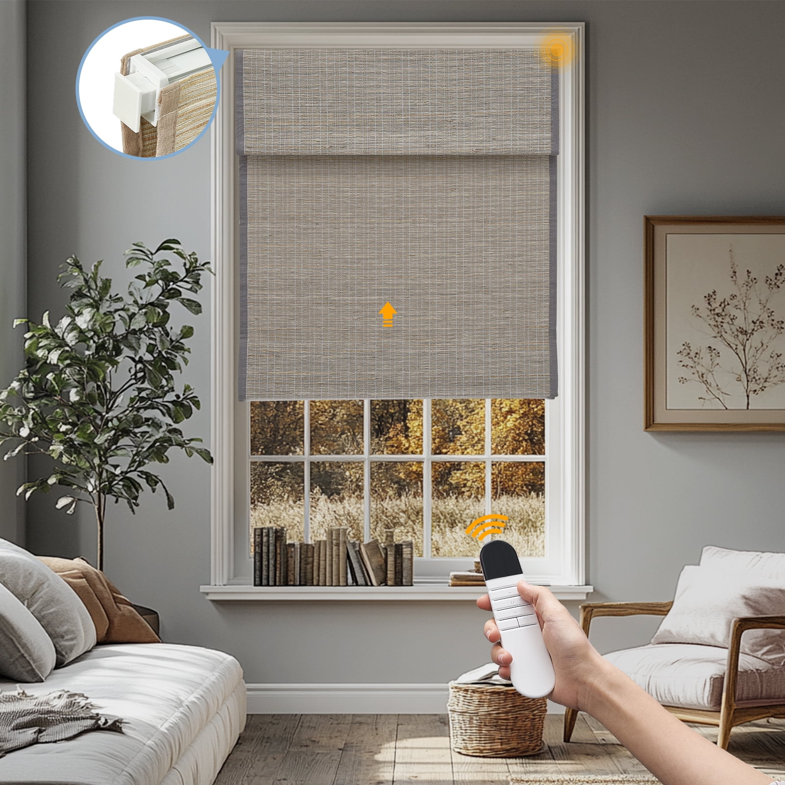 Keego No Drill Motorized Roman Shades Blackout Natural Fabric Rechargeable Electric Window ...