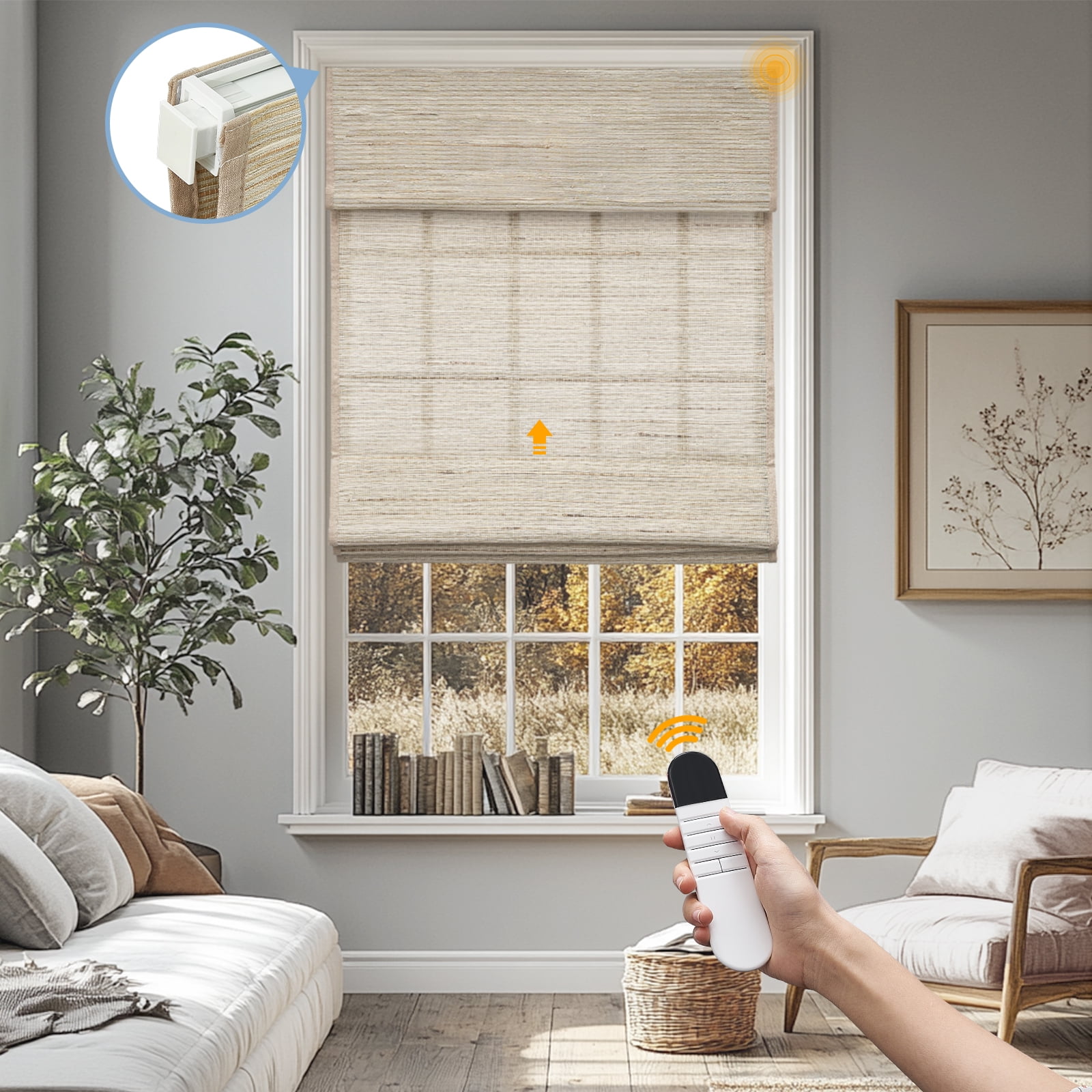 Keego No Drill Motorized Roman Shades Natural Fabric Rechargeable Electric Window Blinds Remote ...