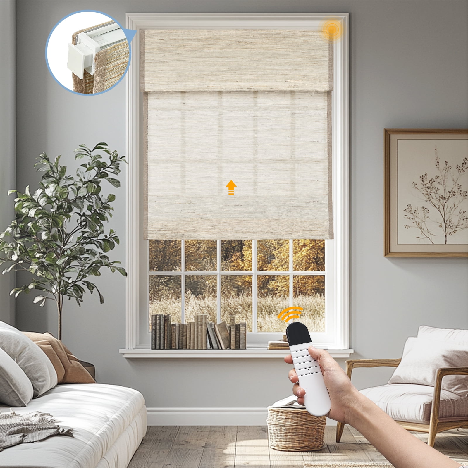 Keego No Drill Motorized Roman Shades Natural Fabric Rechargeable Electric Window Blinds Remote ...