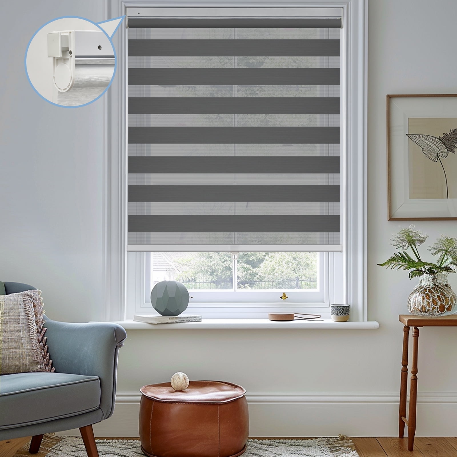 Keego No Tools No Drill Cordless Zebra Roller Blinds Blackout Dual ...