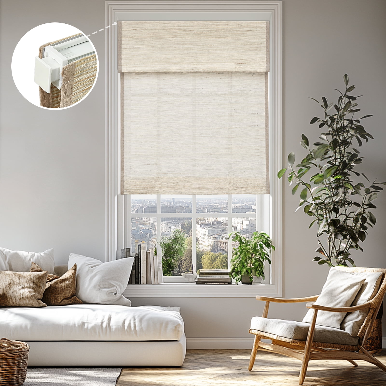 Keego Upgraded No Drill Roman Shades Thermal Insulating Natural Fabric ...