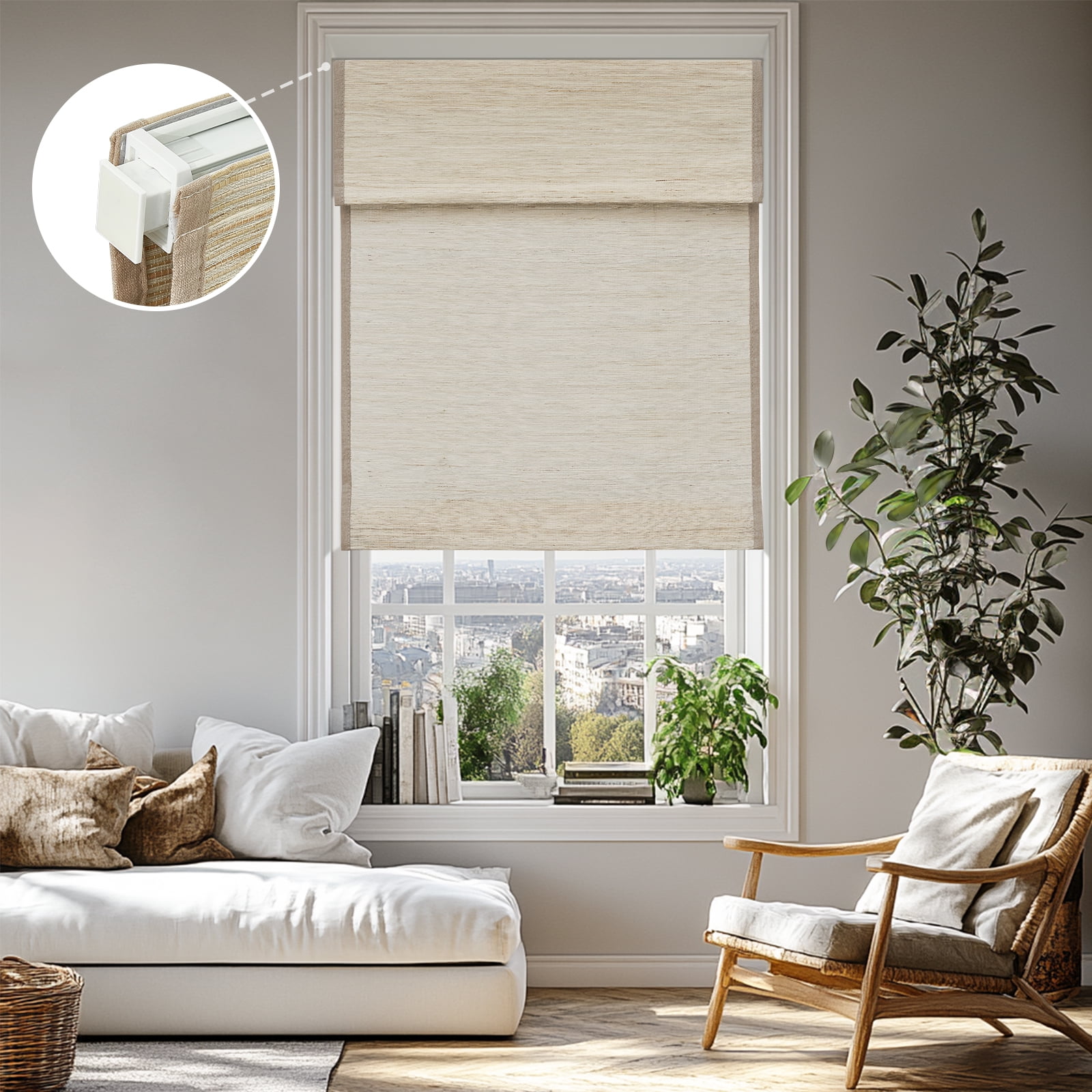 Keego Upgraded No Drill Roman Shades Thermal Insulating Natural Fabric ...