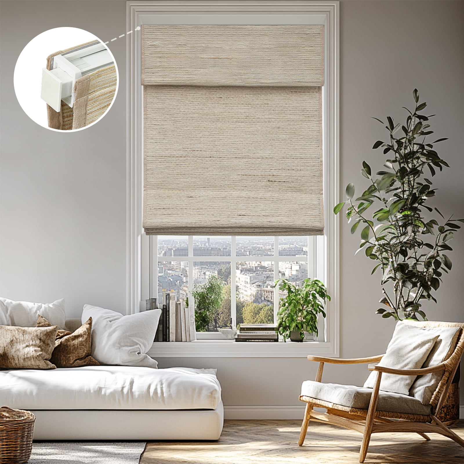 Keego Upgraded No Drill Roman Shades Thermal Insulating Natural Fabric ...