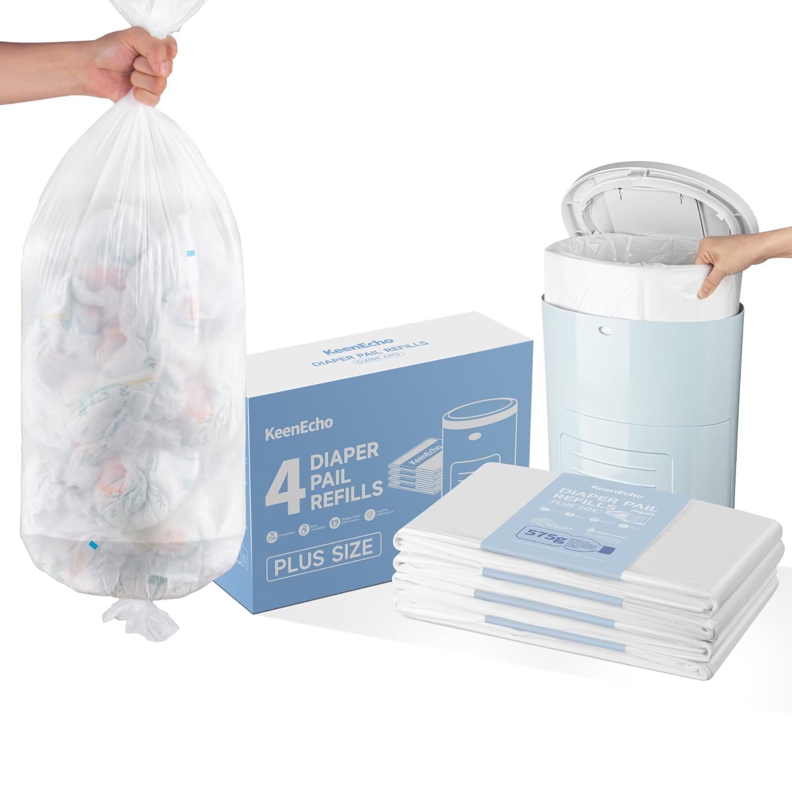 KeenEcho Diaper Pail Refill Bags, 4 Pack, Recycled Ocean Plastic, Holds ...