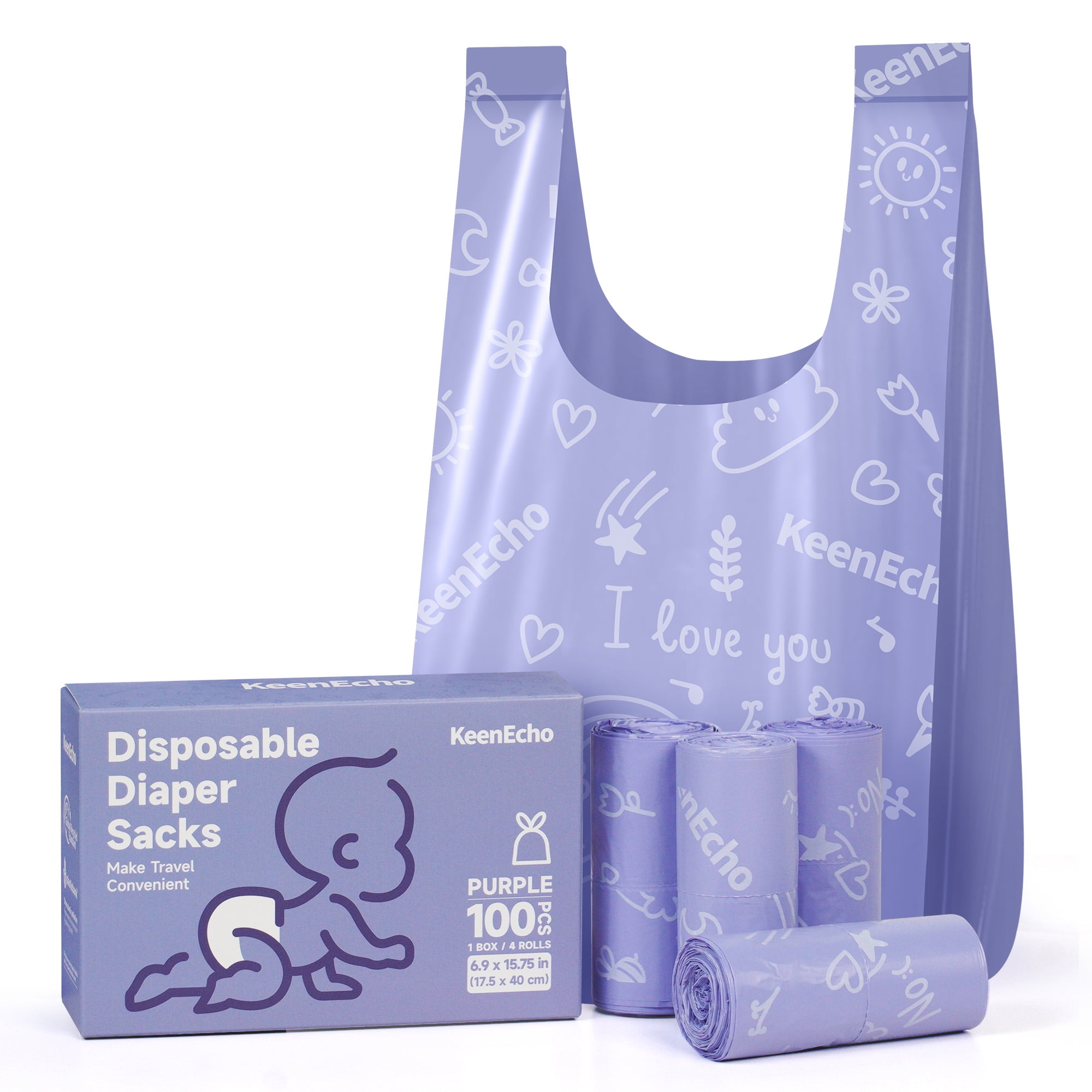 KeenEcho Disposable Diaper Bags with Handles | 100 Count (4 Rolls ...